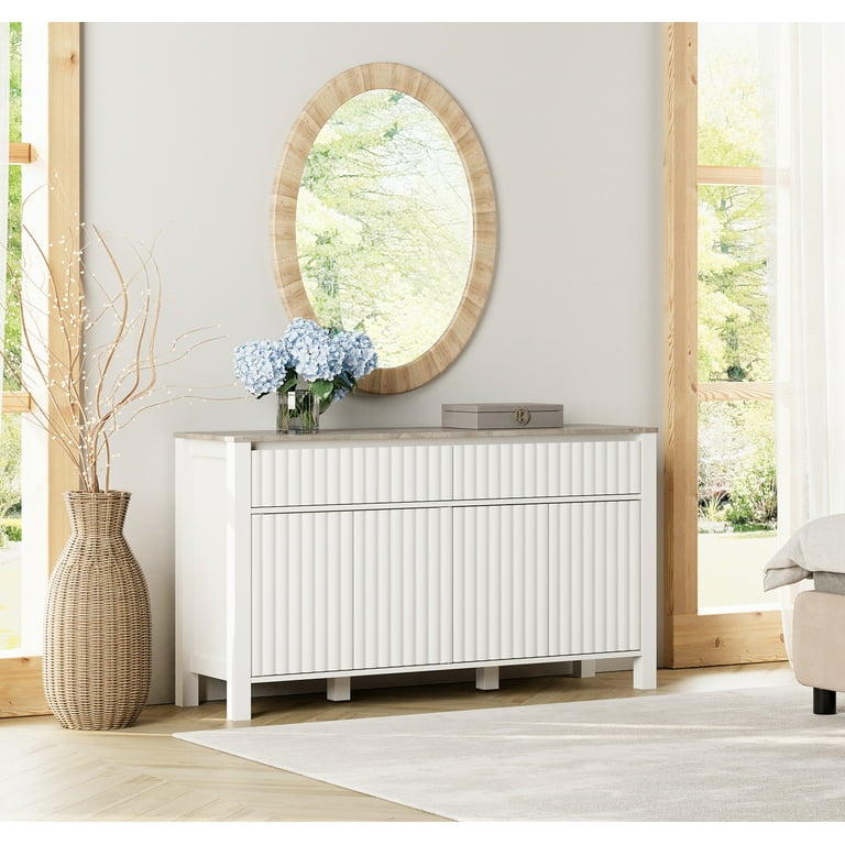 White Accent Storage Cabinet Modern Entryway Cabinet with 4 Doors and 2 Drawers for Living Room Kitchen