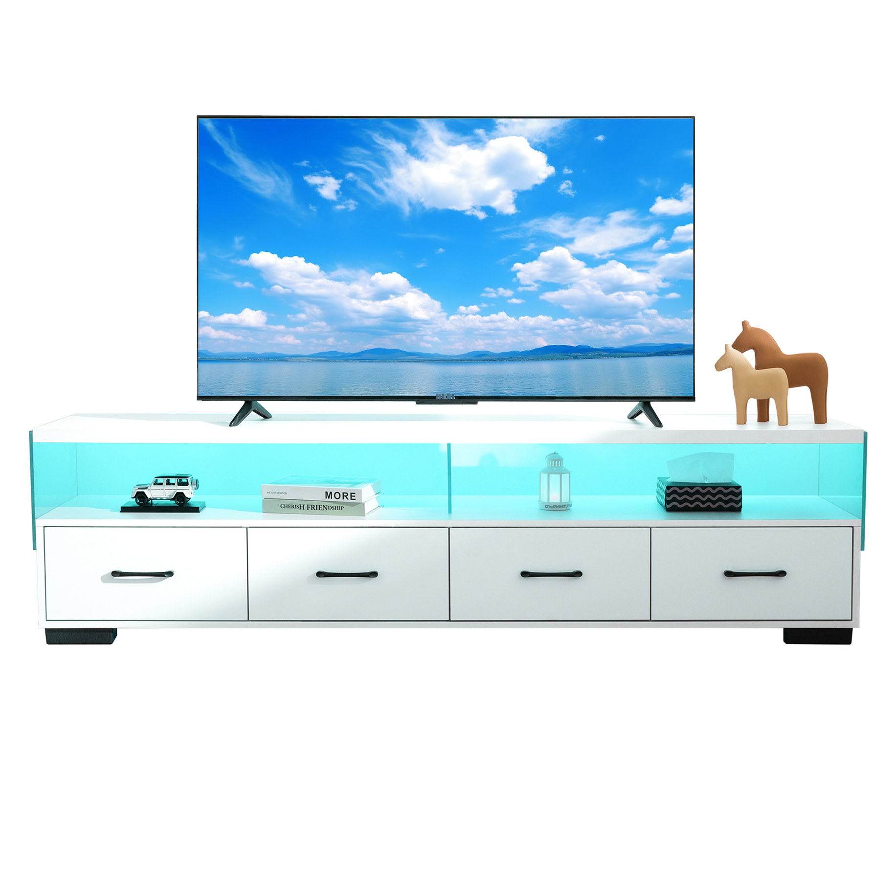 White, 4-Drawer TV Stand - Unique Acrylic Open Storage - Living, Video ...