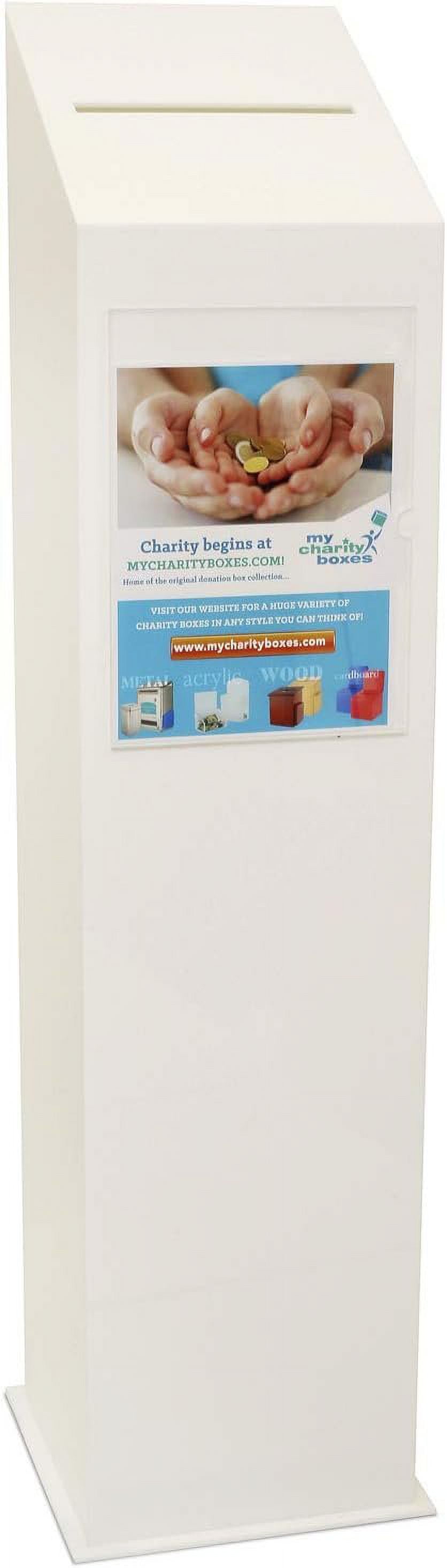 White Acrylic Stand Free Tall Charity Donation Box with Display Area ...