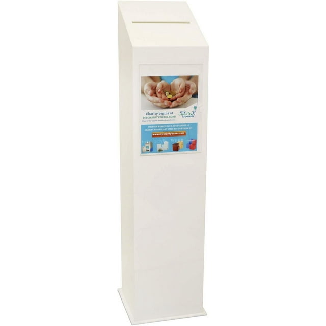 White Acrylic Stand Free Tall Charity Donation Box with Display Area ...