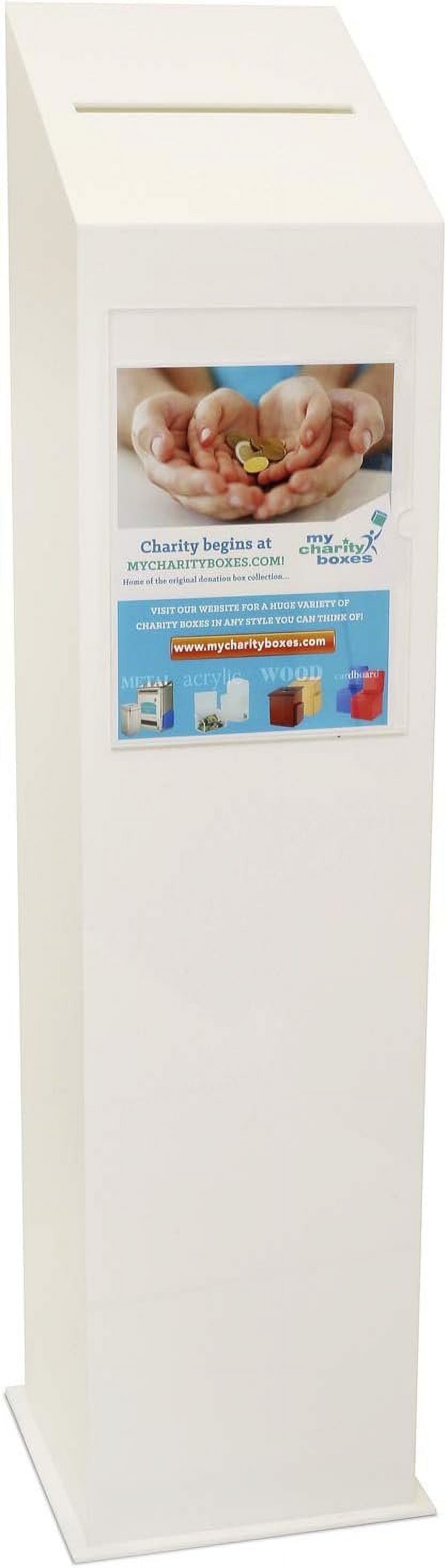 White Acrylic Stand Free Tall Charity Donation Box with Display Area ...