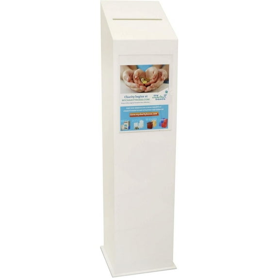 White Acrylic Stand Free Tall Charity Donation Box with Display Area ...