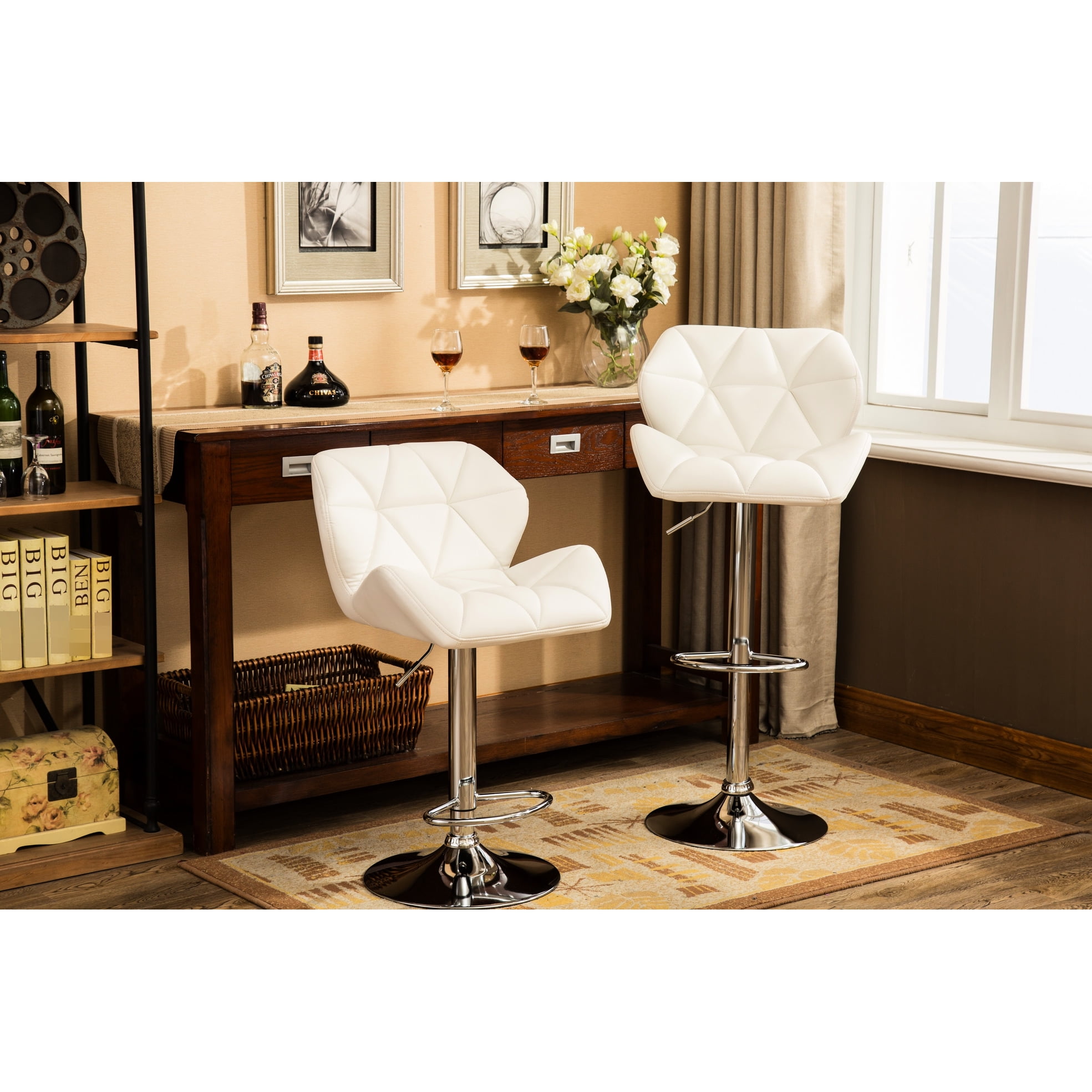 White Adjustable Bar Stools (2) - Hydraulic, Pu Leather Seat, Built-in ...