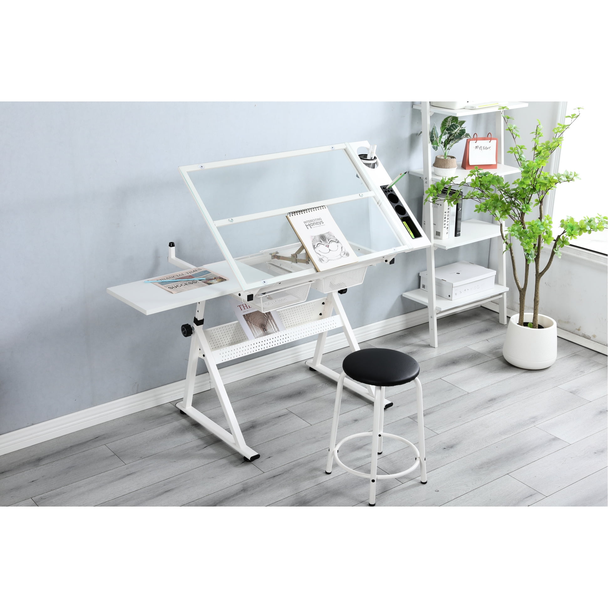 White Adjustable Drafting Table With Chair - Tempered Glass Top, 0-75 ...