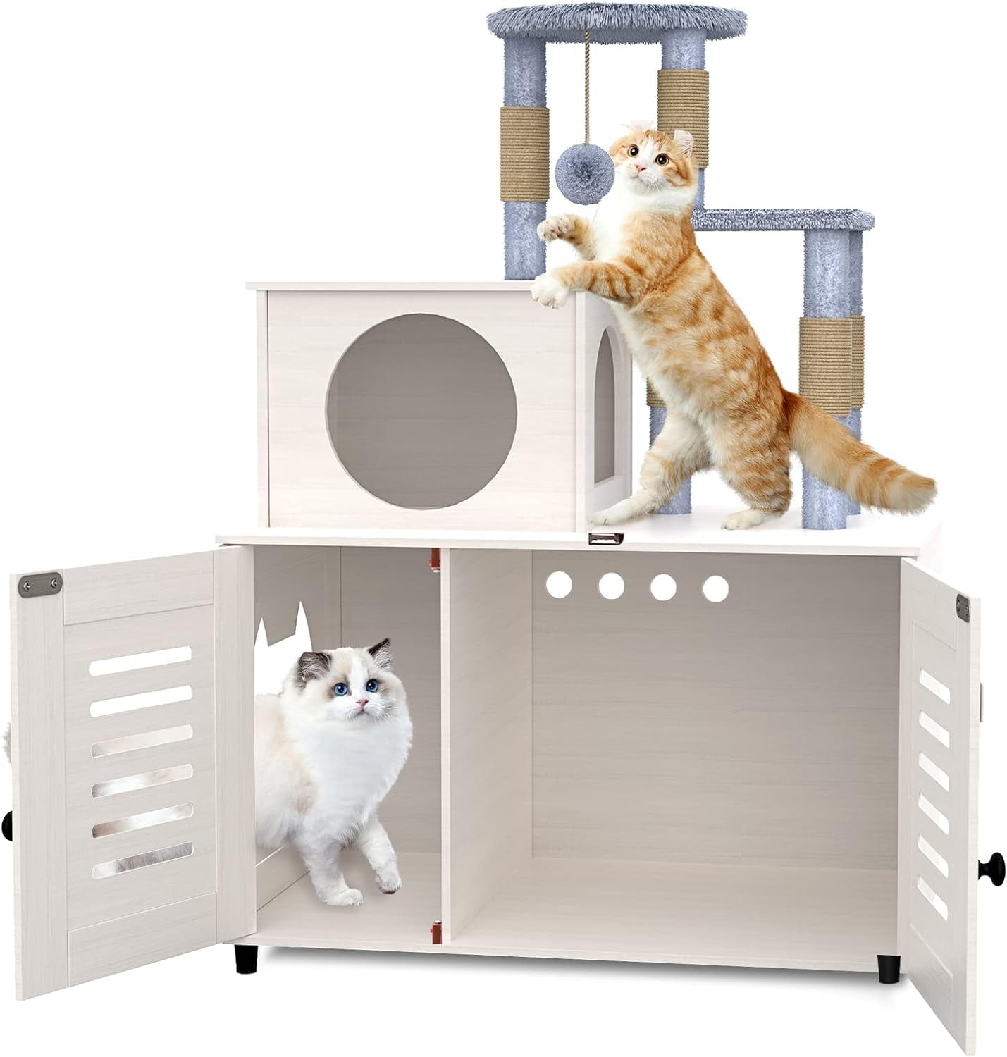 White All-in-one Cat Cabinet with Litter Box Enclosure, Scratching Post ...