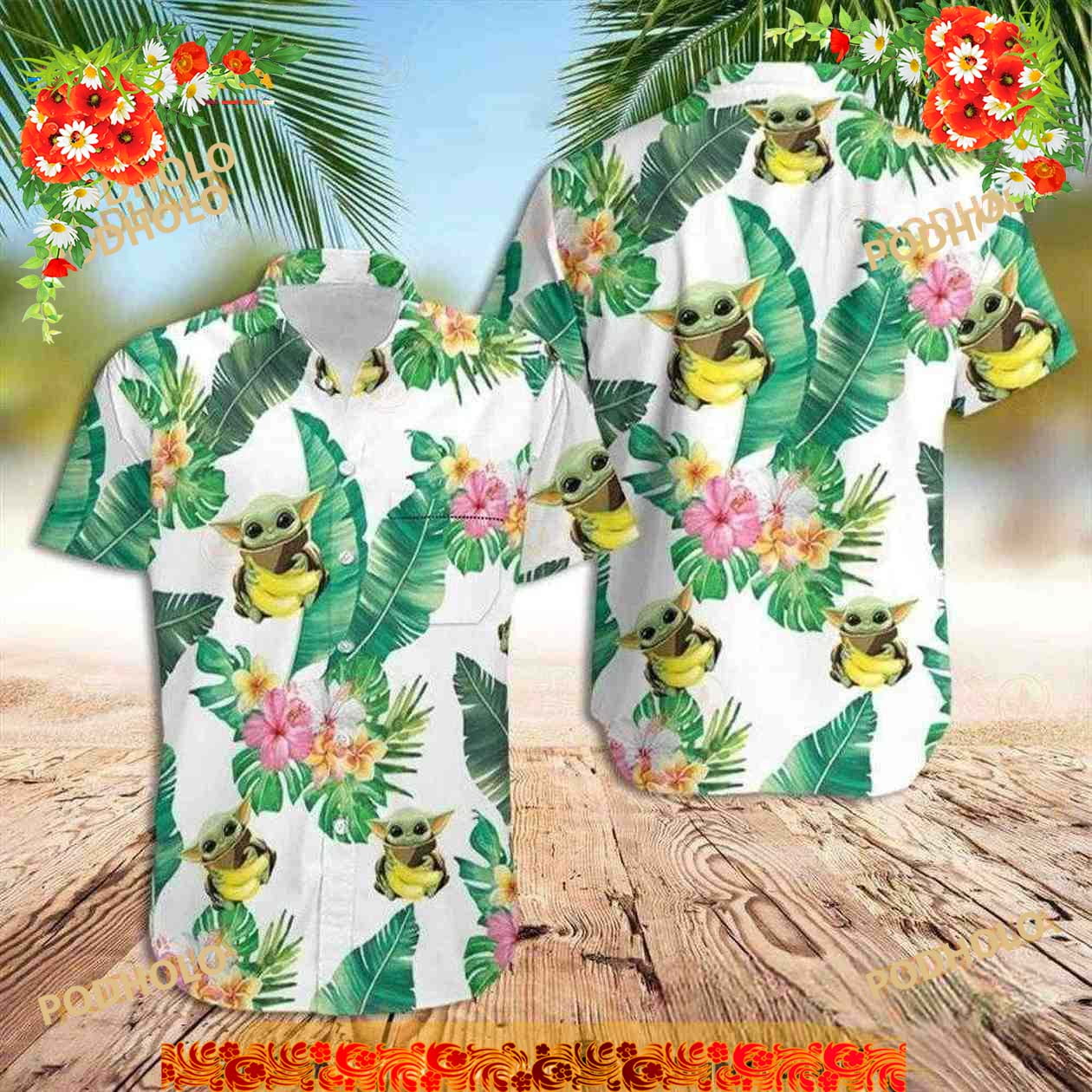 White Aloha Star Wars Baby Yoda Hugging Bananas Tropical Leaves Hawaiian Shirt - Walmart.com