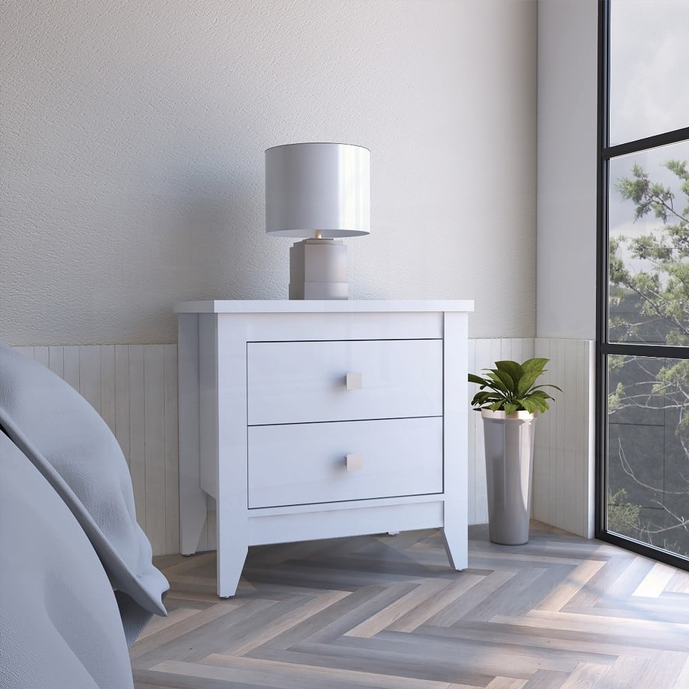 White Amara Table with Two 15.9-Inch Wide Drawers and Four Stable Legs ...
