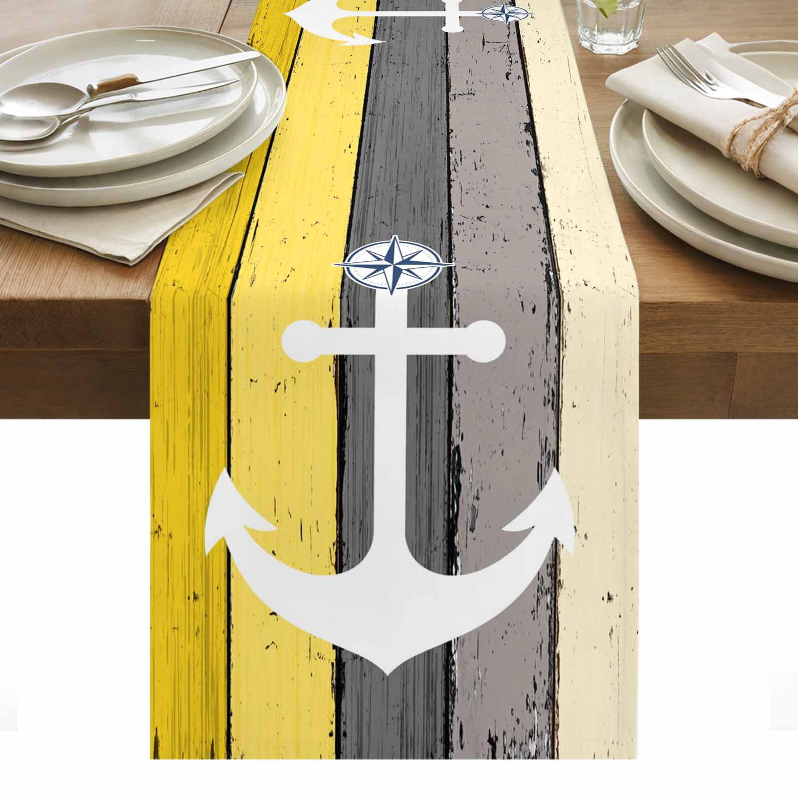 White Anchor Table Runner 16 x 72 Inch, Costal Yellow Grey Stripes Wood ...