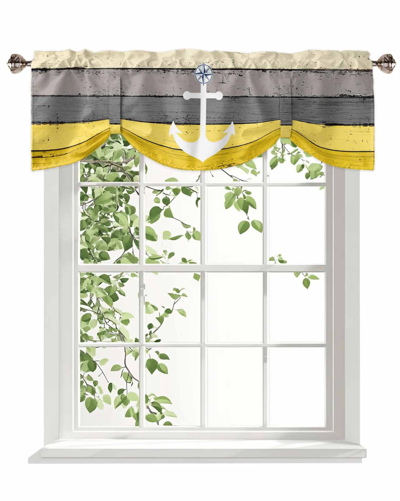 White Anchor Tie Up Valances Curtain, Adjustable Kitchen Costal Yellow ...