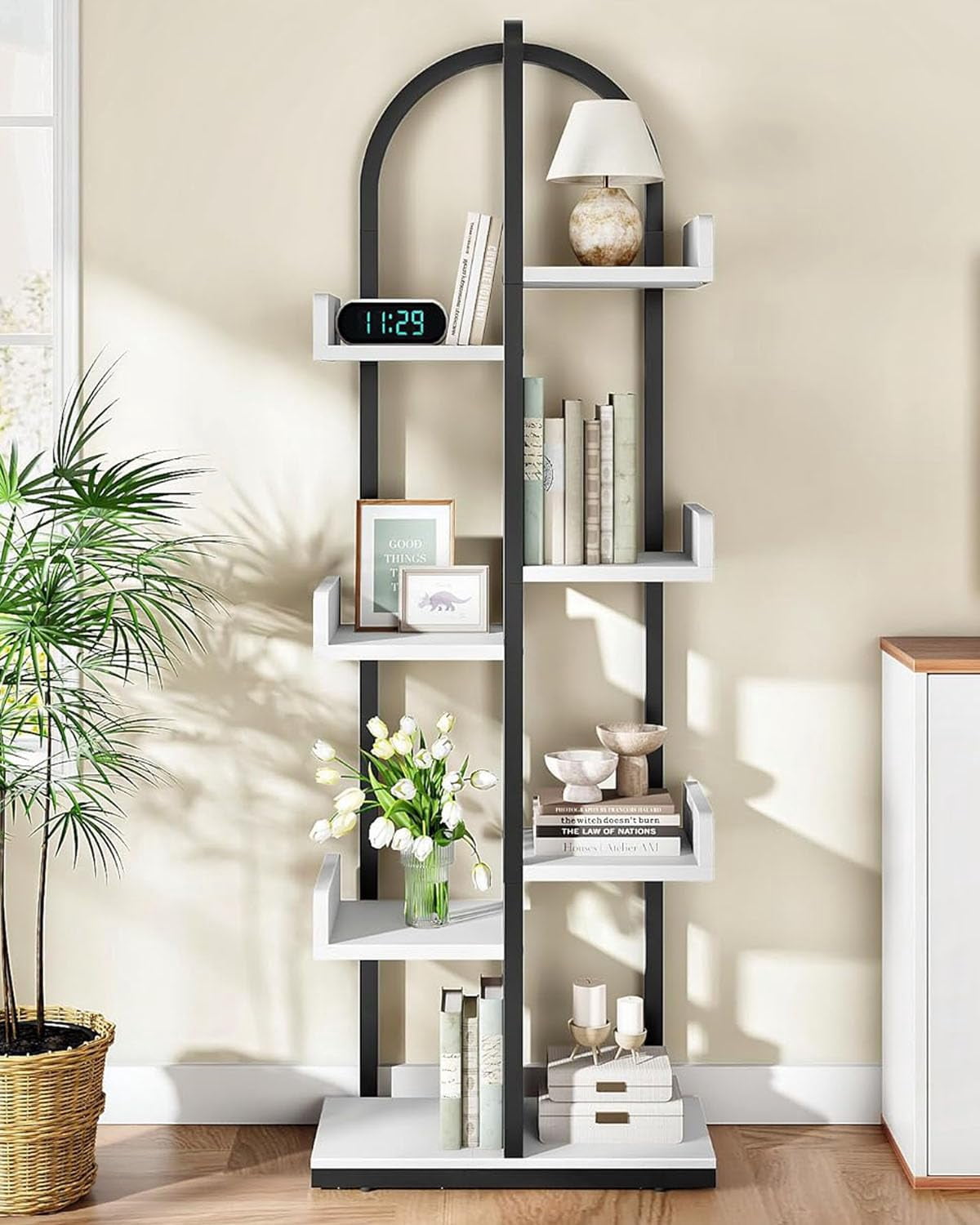 White And Black Corner Bookshelf, Curved 6-Tier Bookcase With Anti-Tip ...