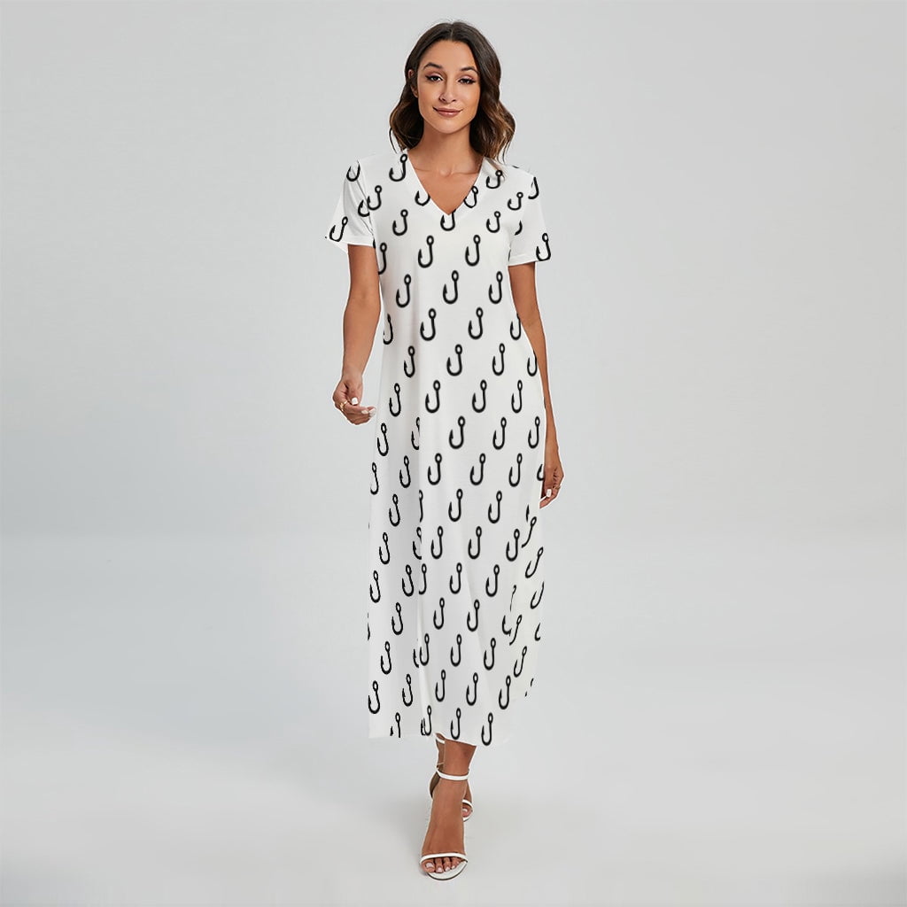 White And Black Fishing Hooks Printed Short Sleeve Maxi Dress, Fish ...
