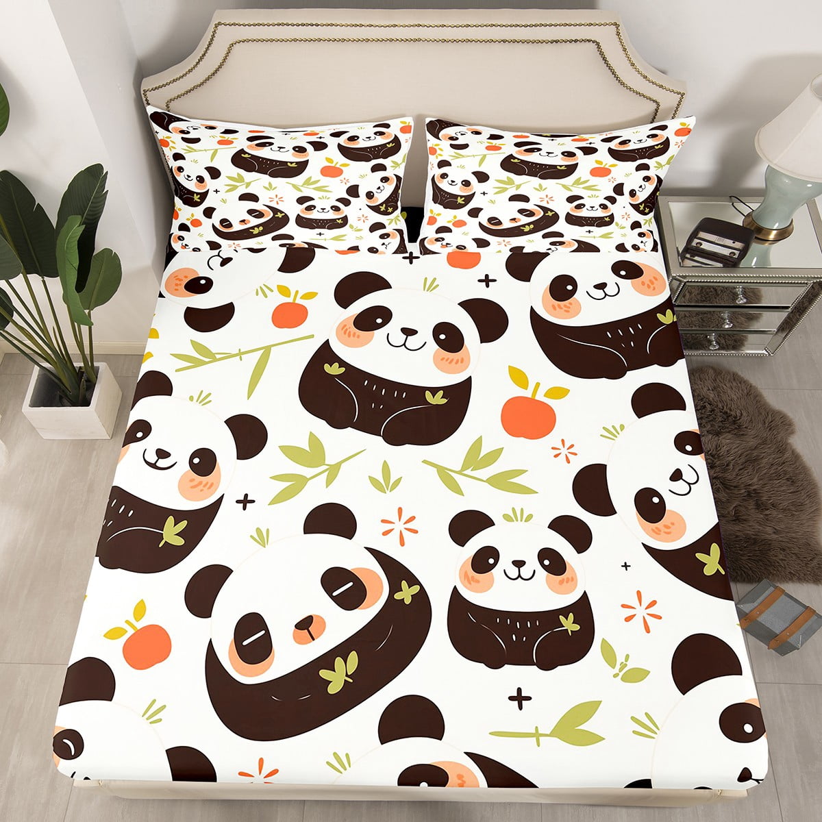 White And Black Panda Bed Sheets Kawaii Bamboo Botanical Twin Fitted ...