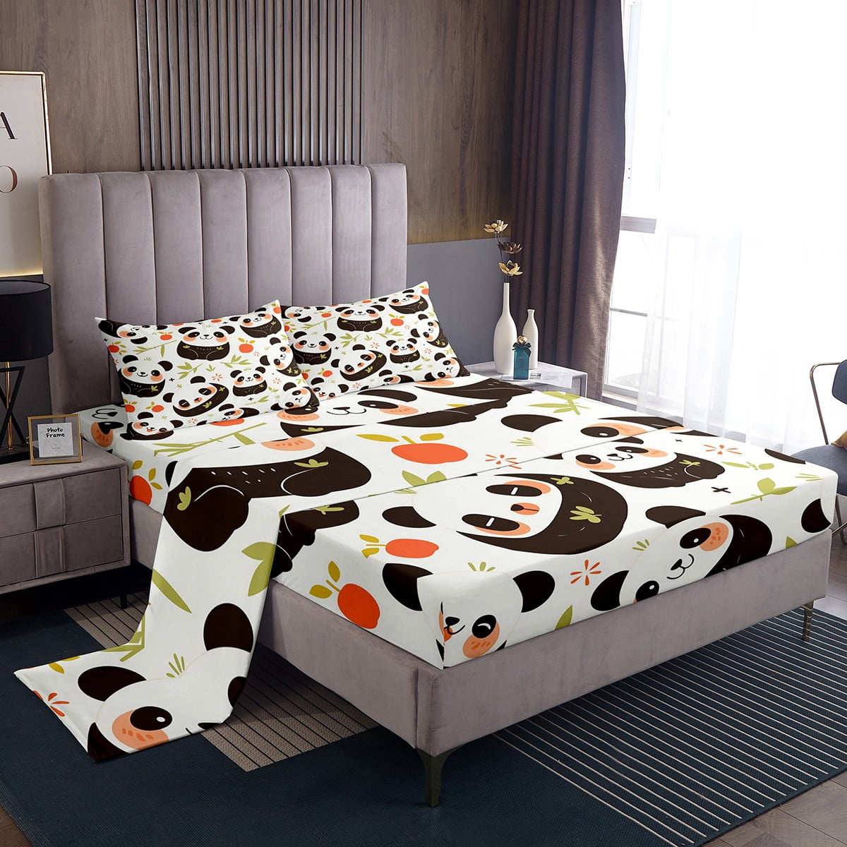 White And Black Panda Bed Sheets Set Kawaii Bamboo Botanical Queen ...