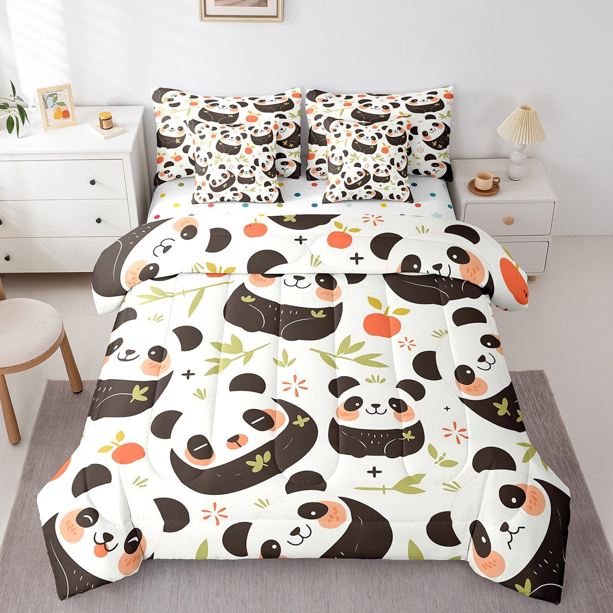 White And Black Panda Bedding Set Kawaii Bamboo Botanical Full ...