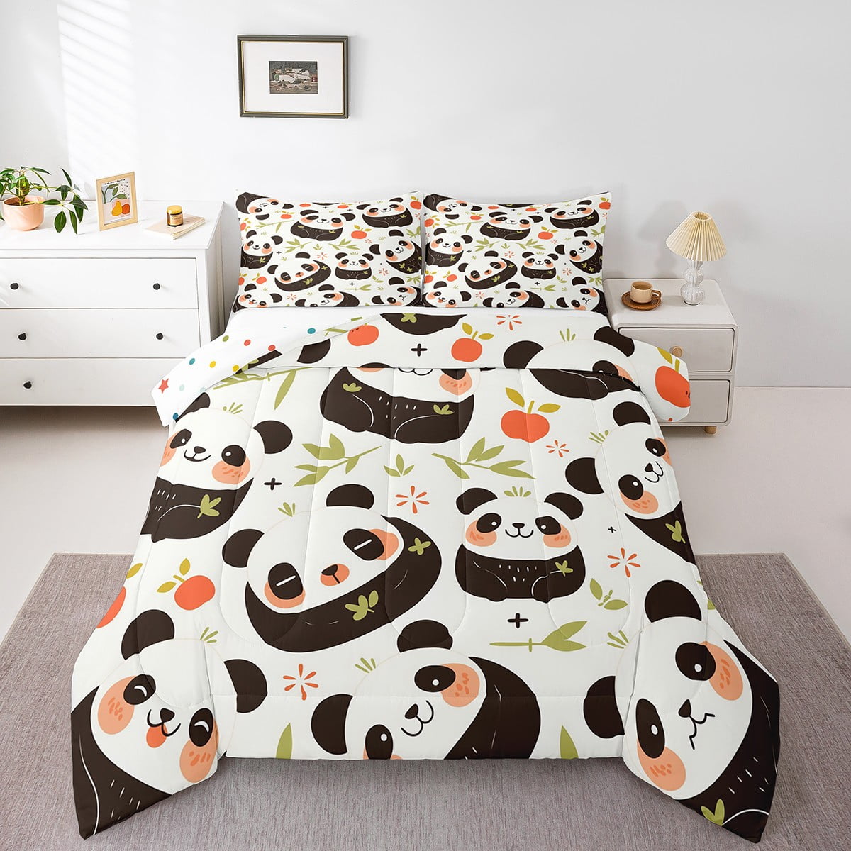 White And Black Panda Bedding Set Kawaii Bamboo Botanical Full ...