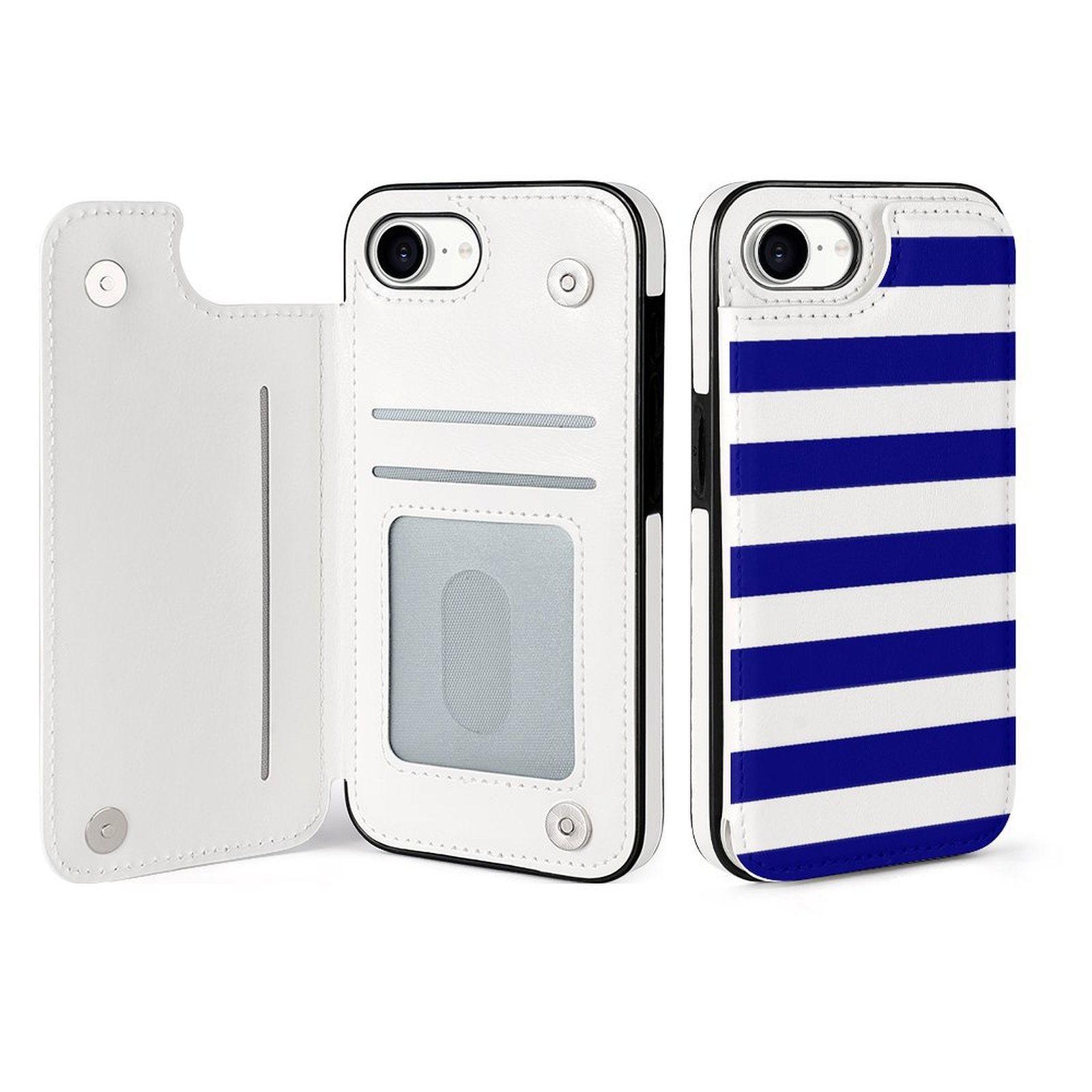 White And Blue Horizontal Stripes Leather Wallet Case for iPhone 16 Pro ...