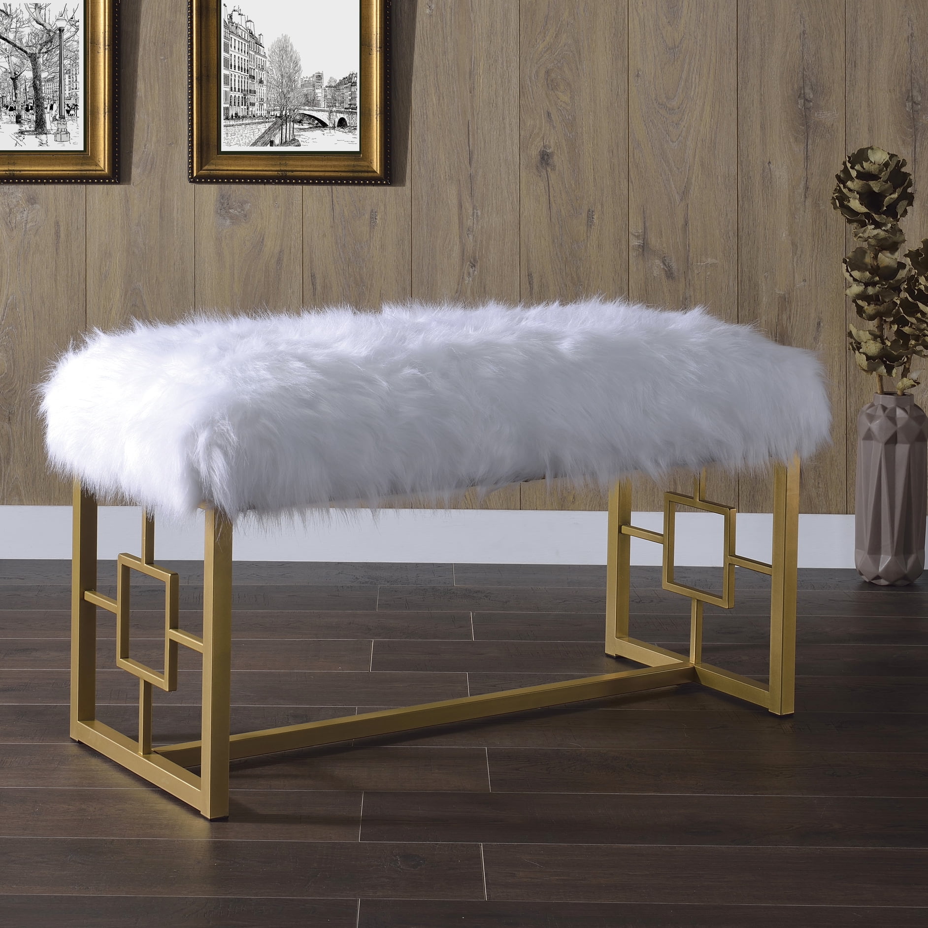 White And Gold Metal Bench With Fluffy Faux Fur Upholstery For Bedroom ...