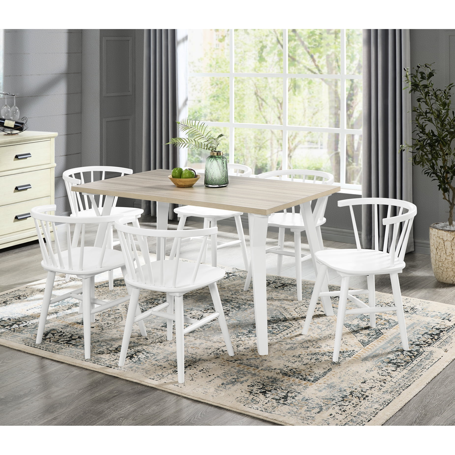 White And Natural Wood 7 Dining Up - Rectangular Table & 6 Chairs In ...