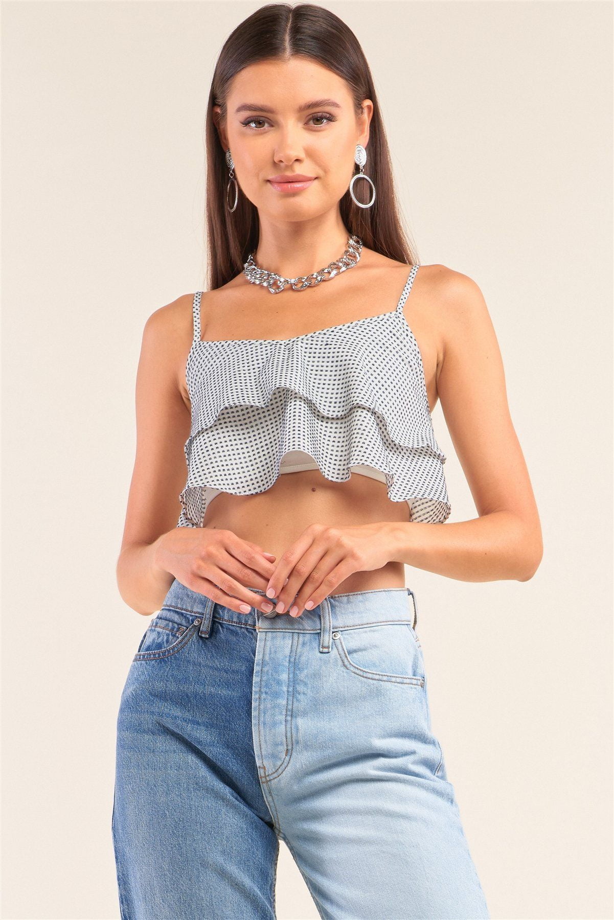 White And Navy Sleeveless Polka Square Layered Smock Back Cropped Top M - Walmart.com