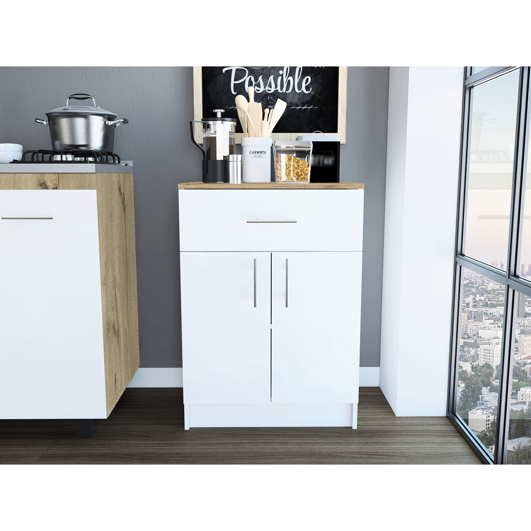 White And Oak Pantry With Countertop 1 Drawer - 2-door Cabinet 2 ...