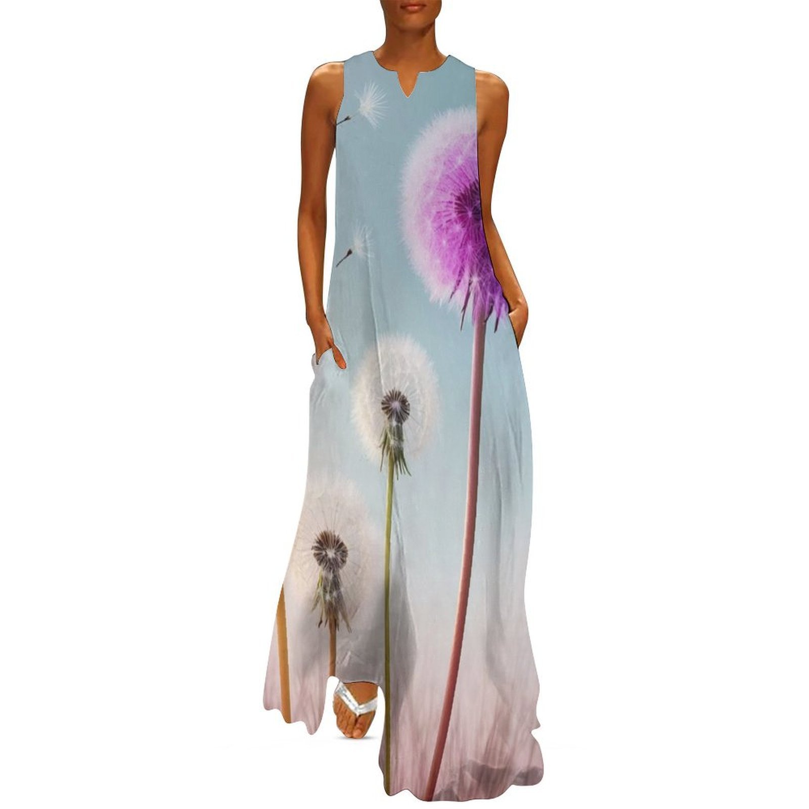 White And Purple Dandelions Long Dress Women's summer dress women's ...