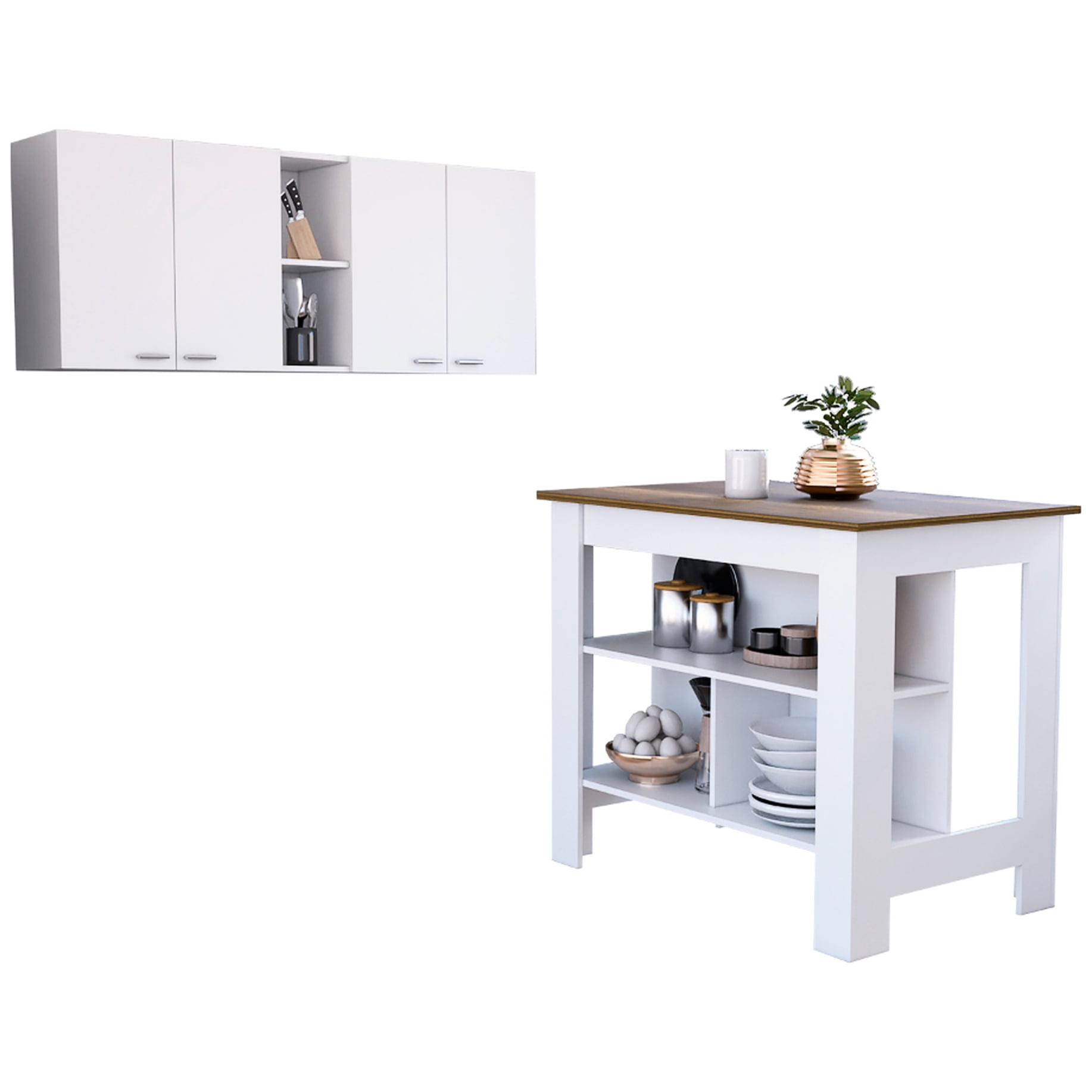 White And Walnut Kitchen With 7-shelf 4-door Island Open Shelf Cabinet ...