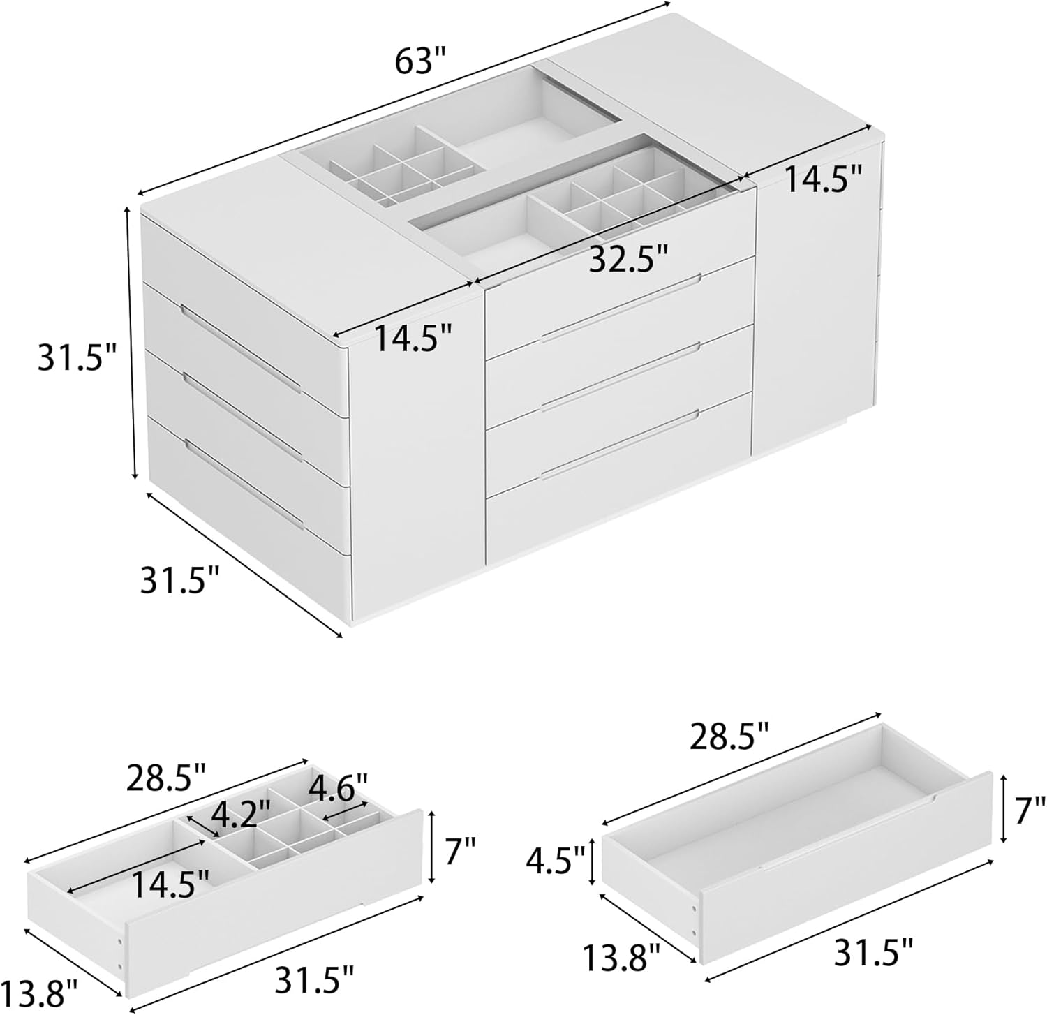 White Armoire Bedroom Island with LED Light, Glass Top & 16 Drawers for ...