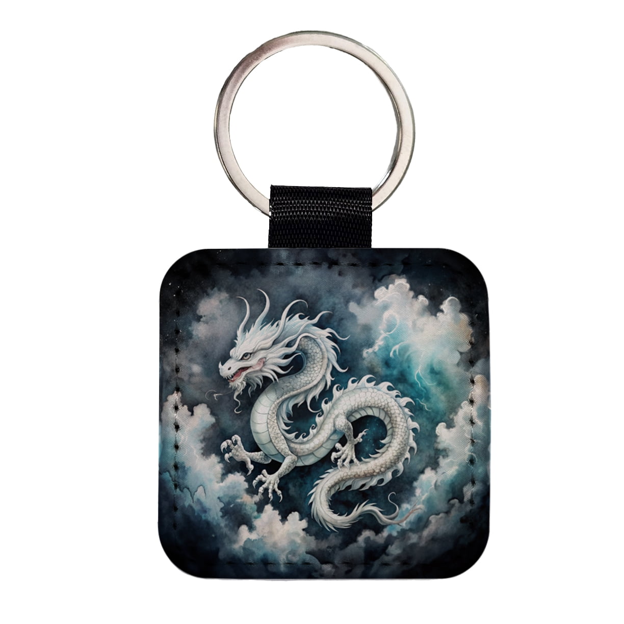 White Asian Dragon On Black Watercolor Faux Leather Square Keychain ...