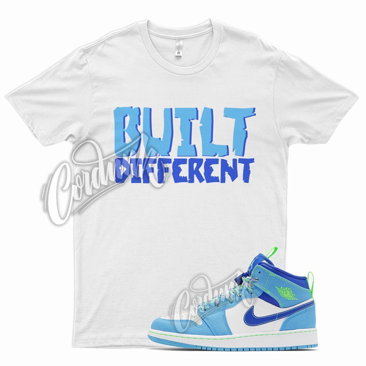 White BUILT T Shirt for Air J1 1 Mid SE Dark Powder Blue Green Racer ...