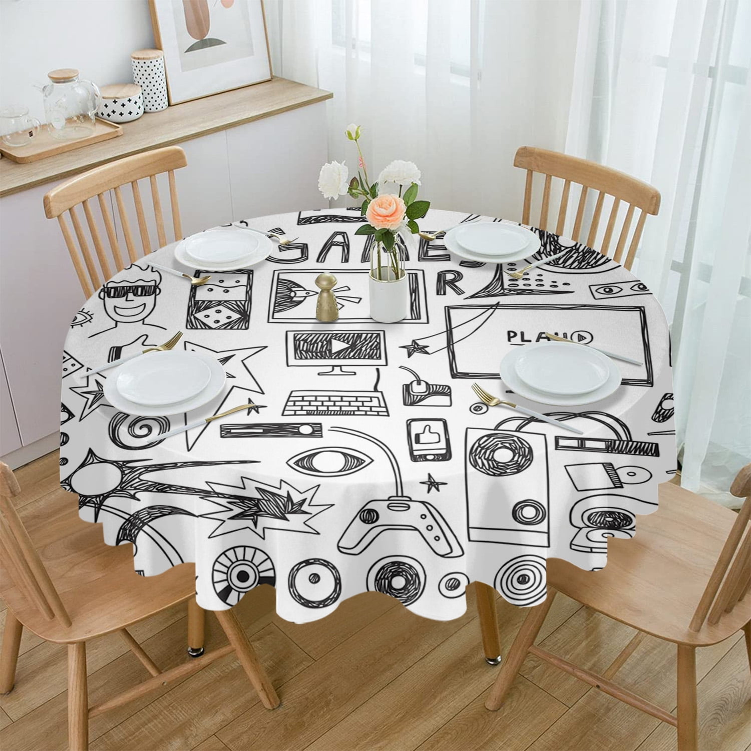 White Background Simple Stroke Cartoon Waterproof Tablecloth Table ...