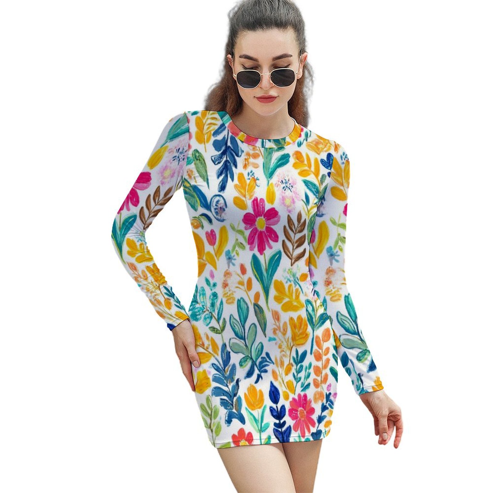 White Background Vibrant Floral Pattern Women's Long Sleeve Bodycon ...