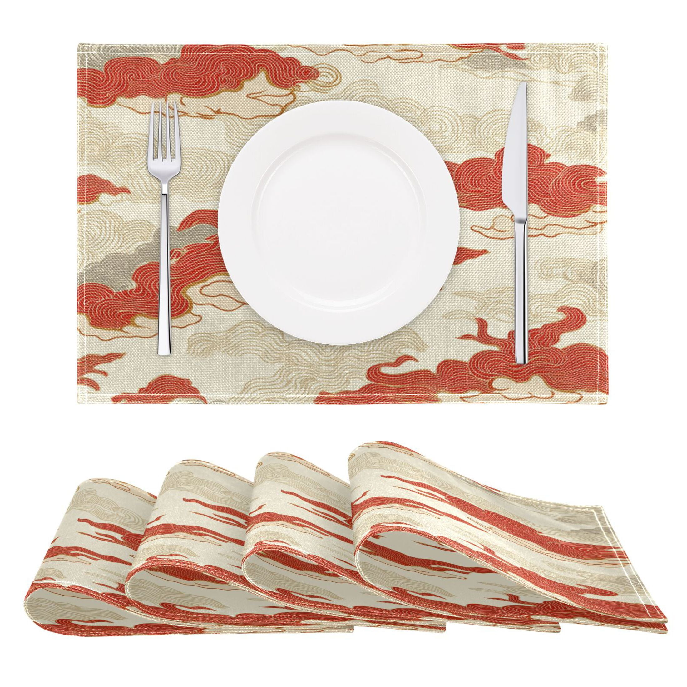 White Background with Red Dlouds Reversible Placemat Set of 4 Non Slip ...