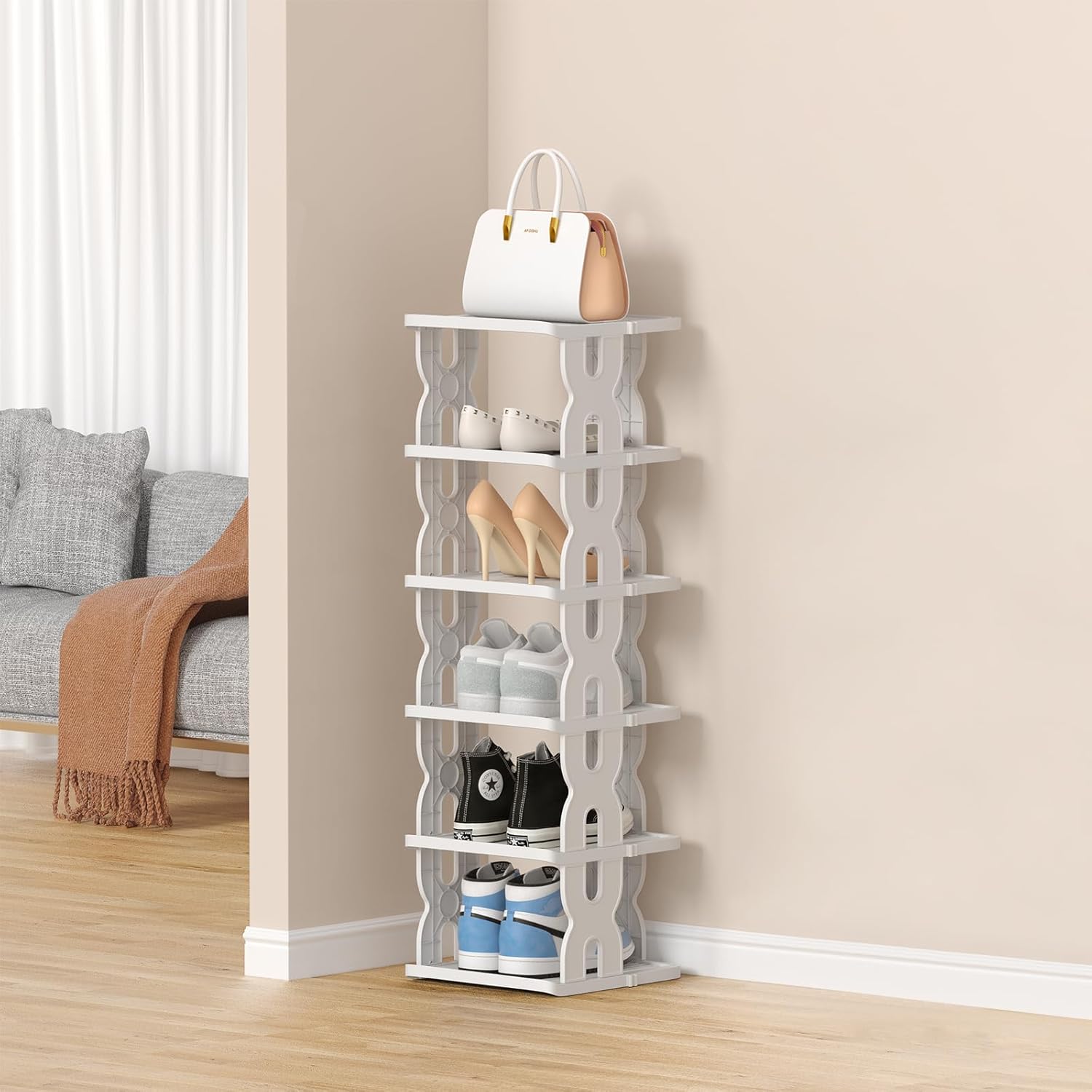 White Bamboo Shoe Rack for Small Spaces 6 Tier Tall Vertical Narrow ...