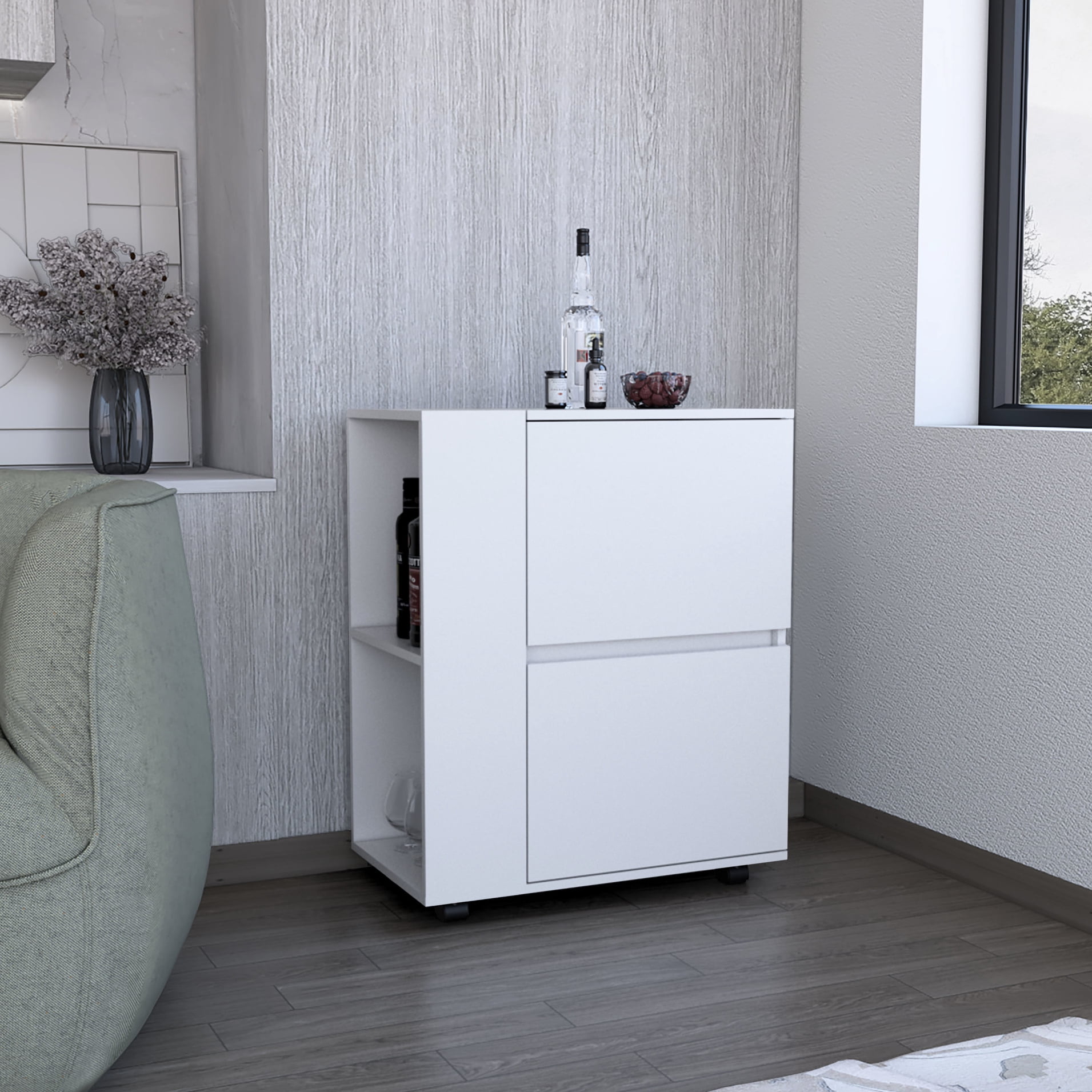 White Bar Cart Featuring Two Pull-down Door Cabinets And Open Shelving ...