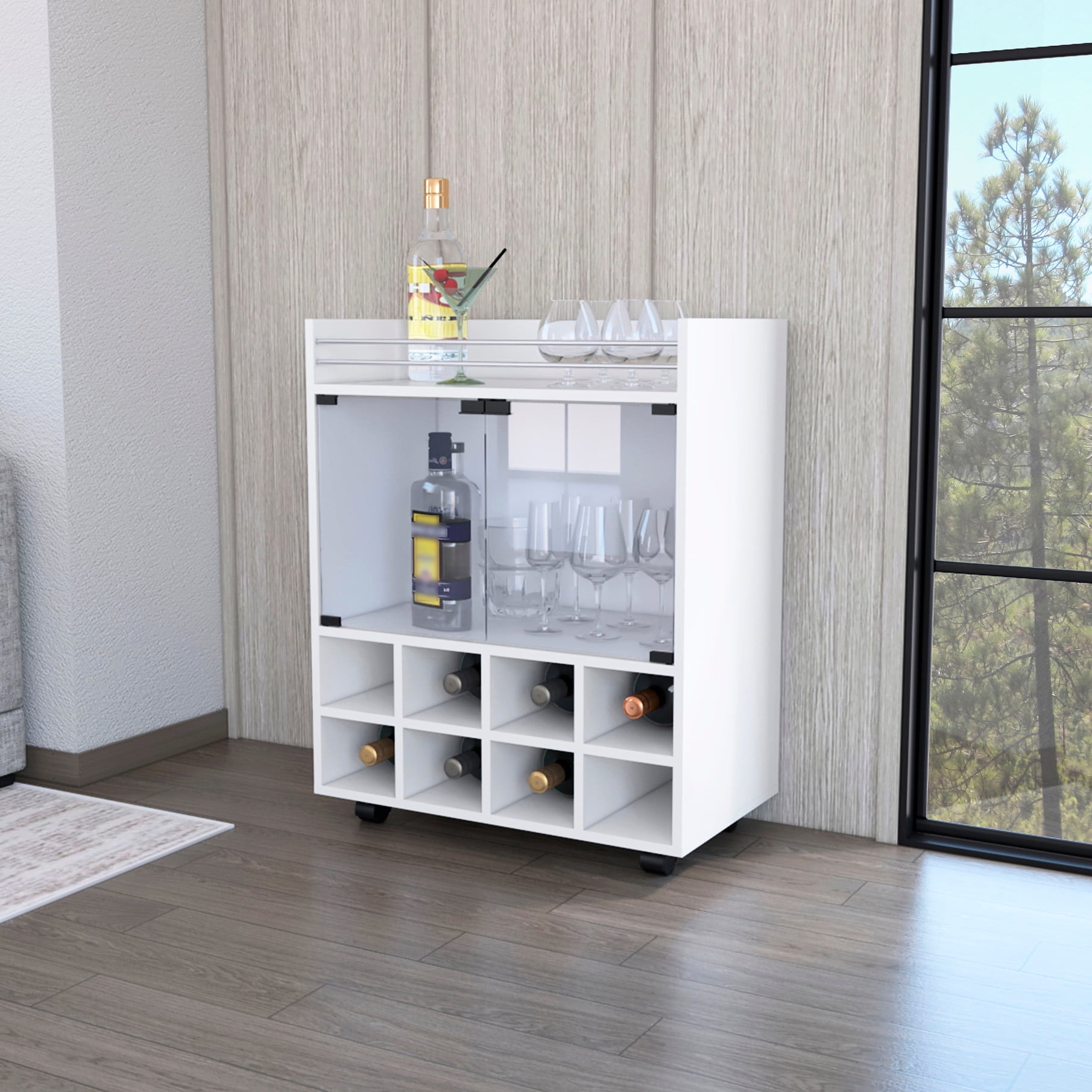 White Bar Cart With 8 Capacity Rack And Double Glass Door Showcase In ...