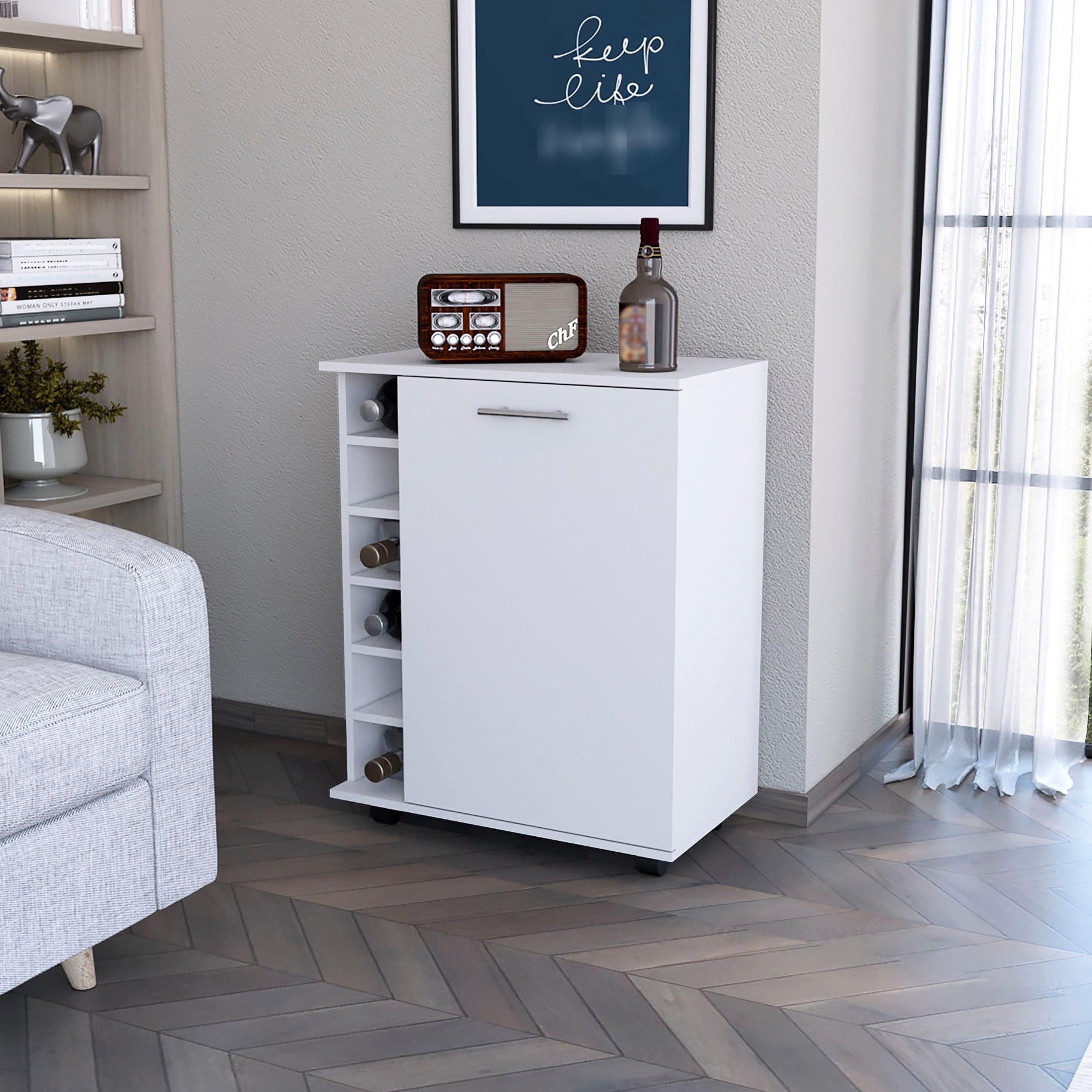 White Bar Cart With Built-in 6 Holder And Stylish Finish Elegant Rack ...