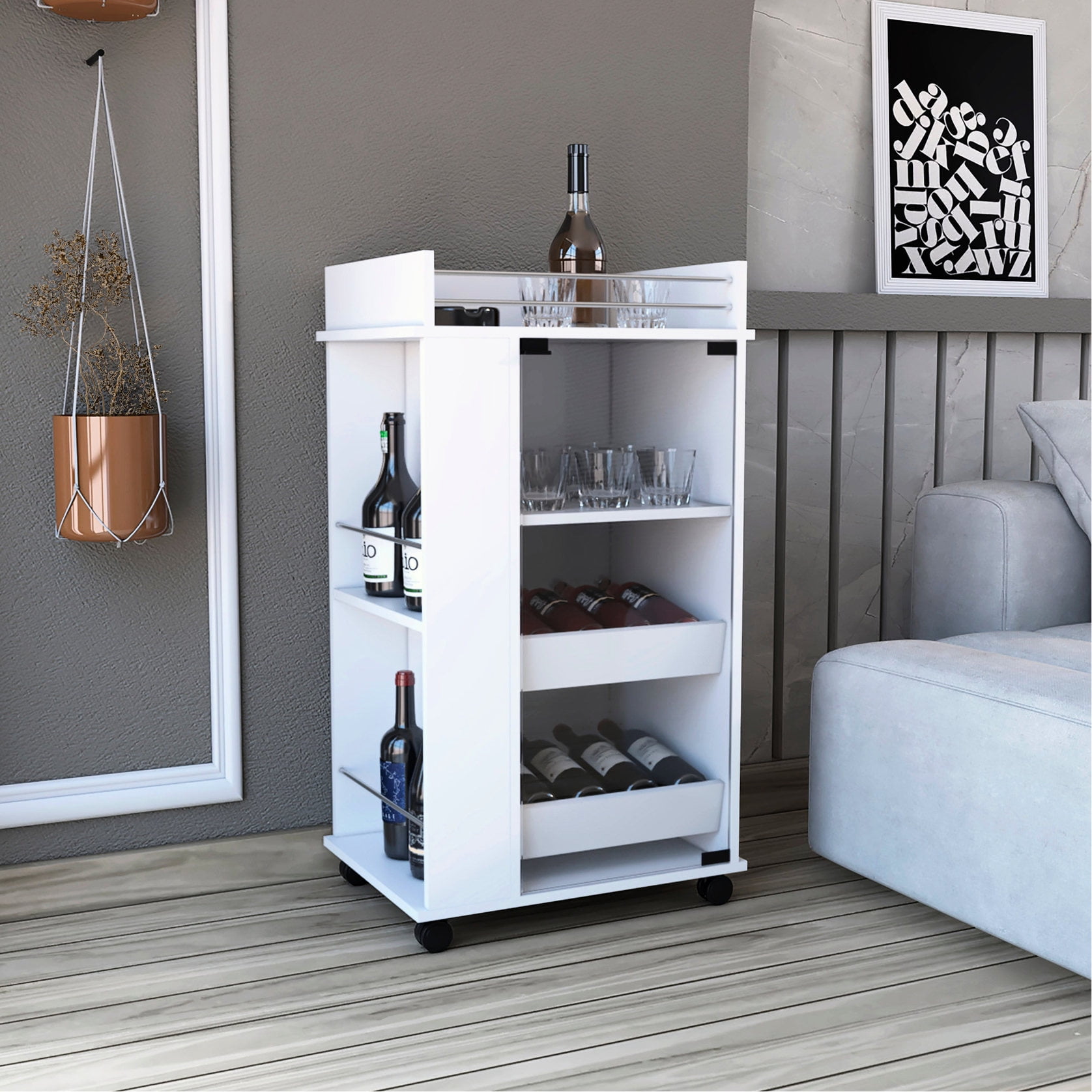 White Bar Cart with Casters and Interlocking System | Useful for Moving ...
