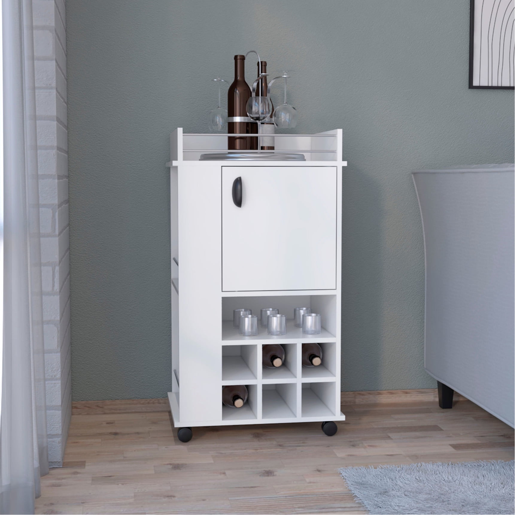 White Bar Cart with Wine Rack and Casters / Easy DIY Assembly with QR ...