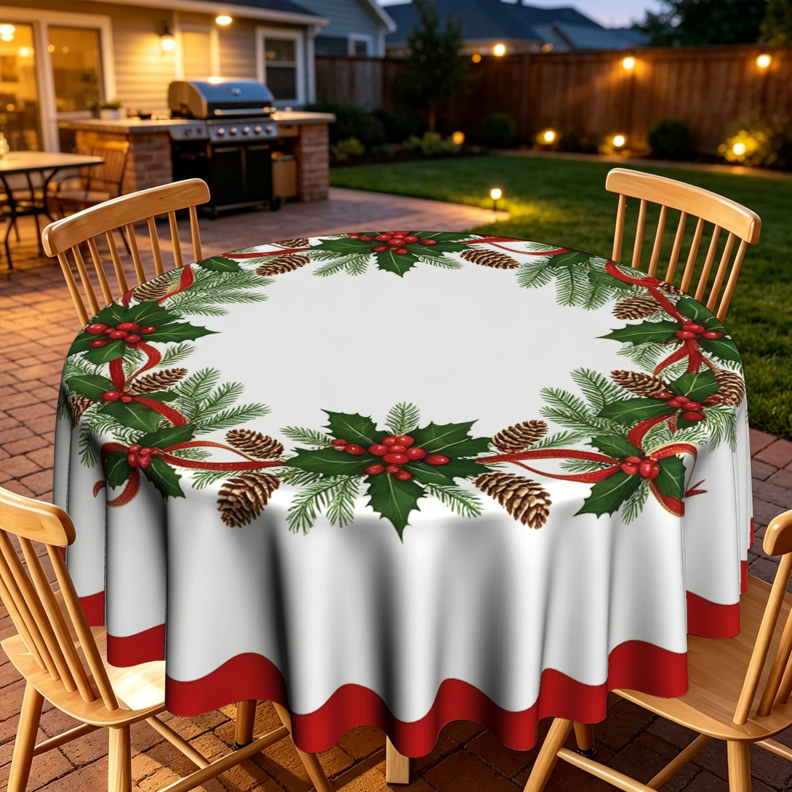 White Base Pine Berry Holly Wreath Edge Pattern Round Tablecloth ...
