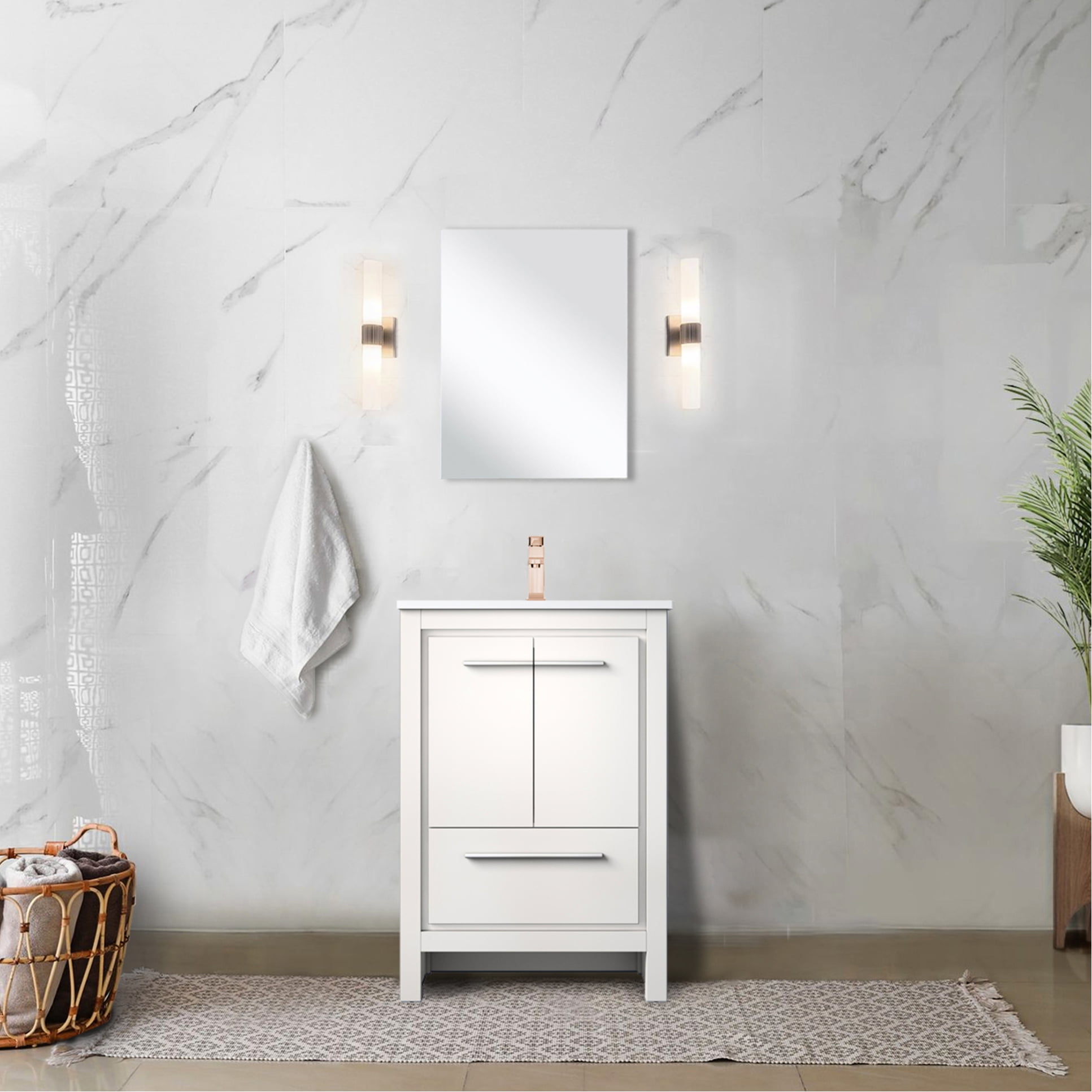 White Bath Vanity With Cultured Marble Countertop, Rose Gold Faucet And ...