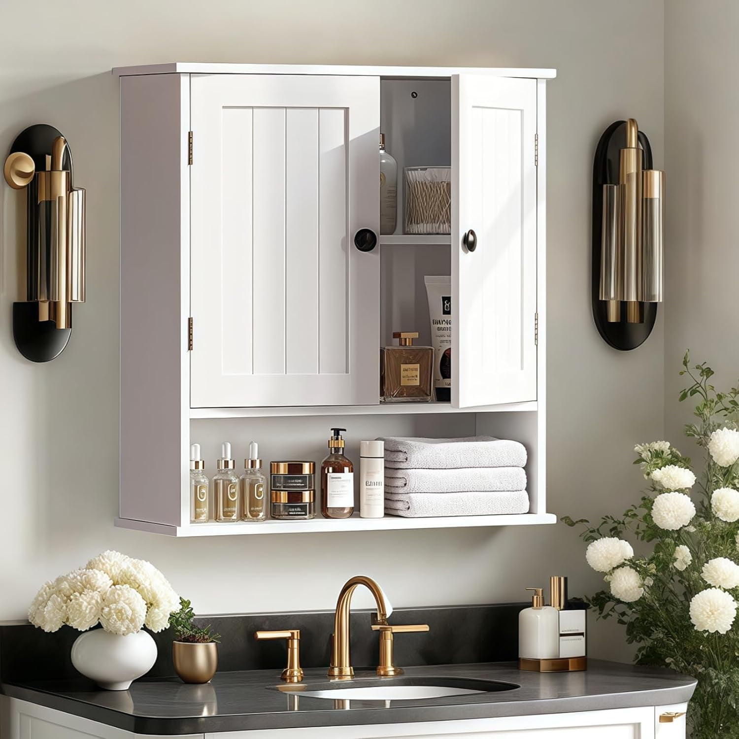 White Bathroom Cabinet Wall-Mounted, Storage Cabinets with Adjustable ...
