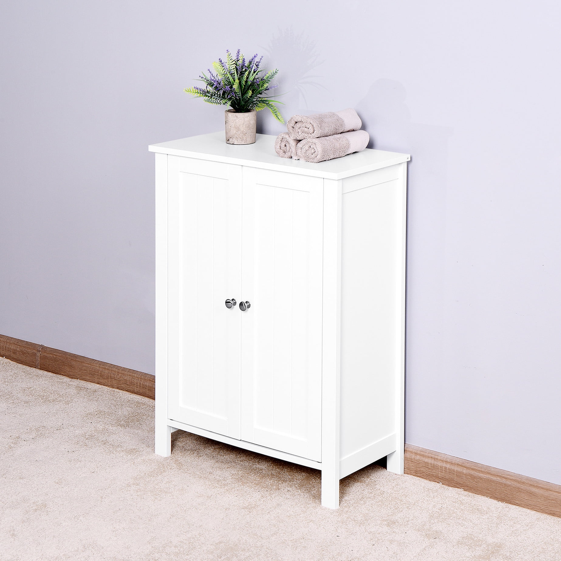White Bathroom Floor Cabinet / Water-Resistant Fiberboard, 3 Shelf ...
