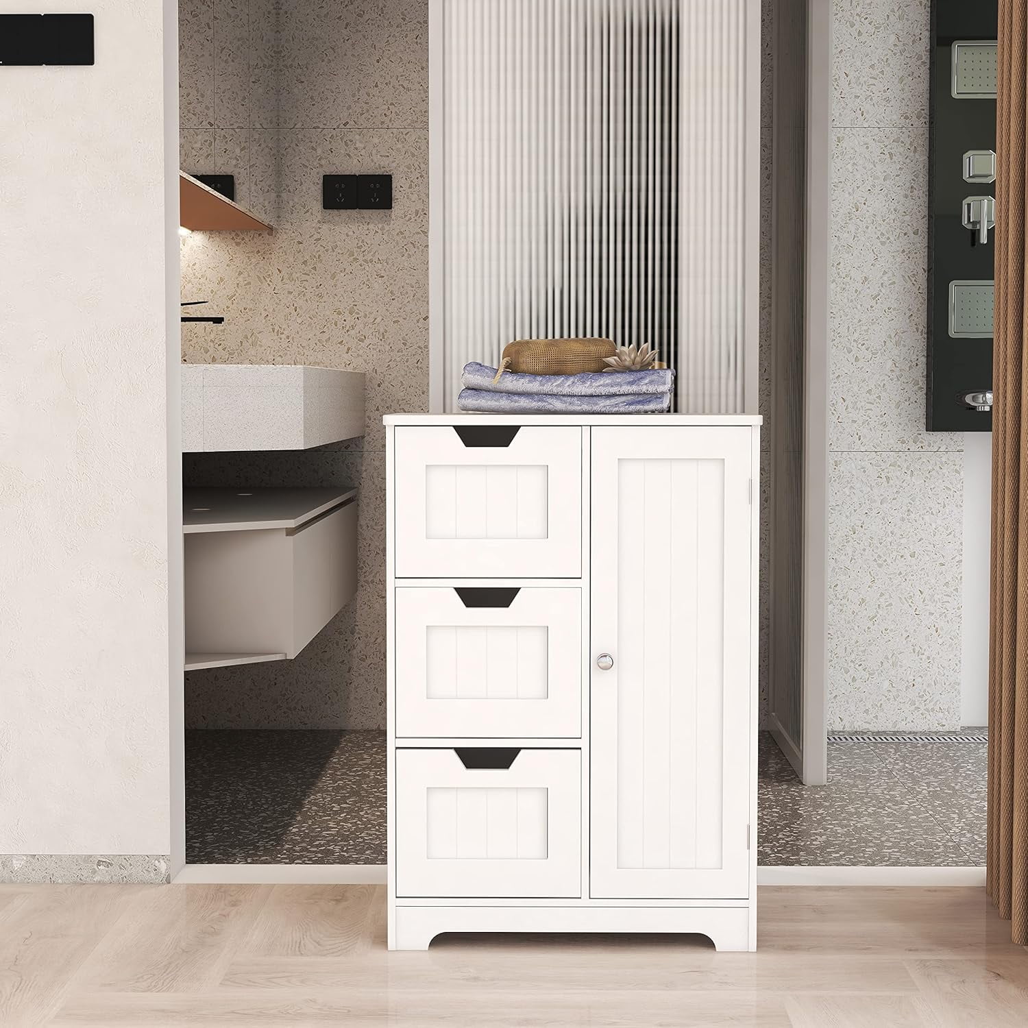 White Bathroom Floor-Standing Storage Table with 1 Door 3 Drawer, Floor ...