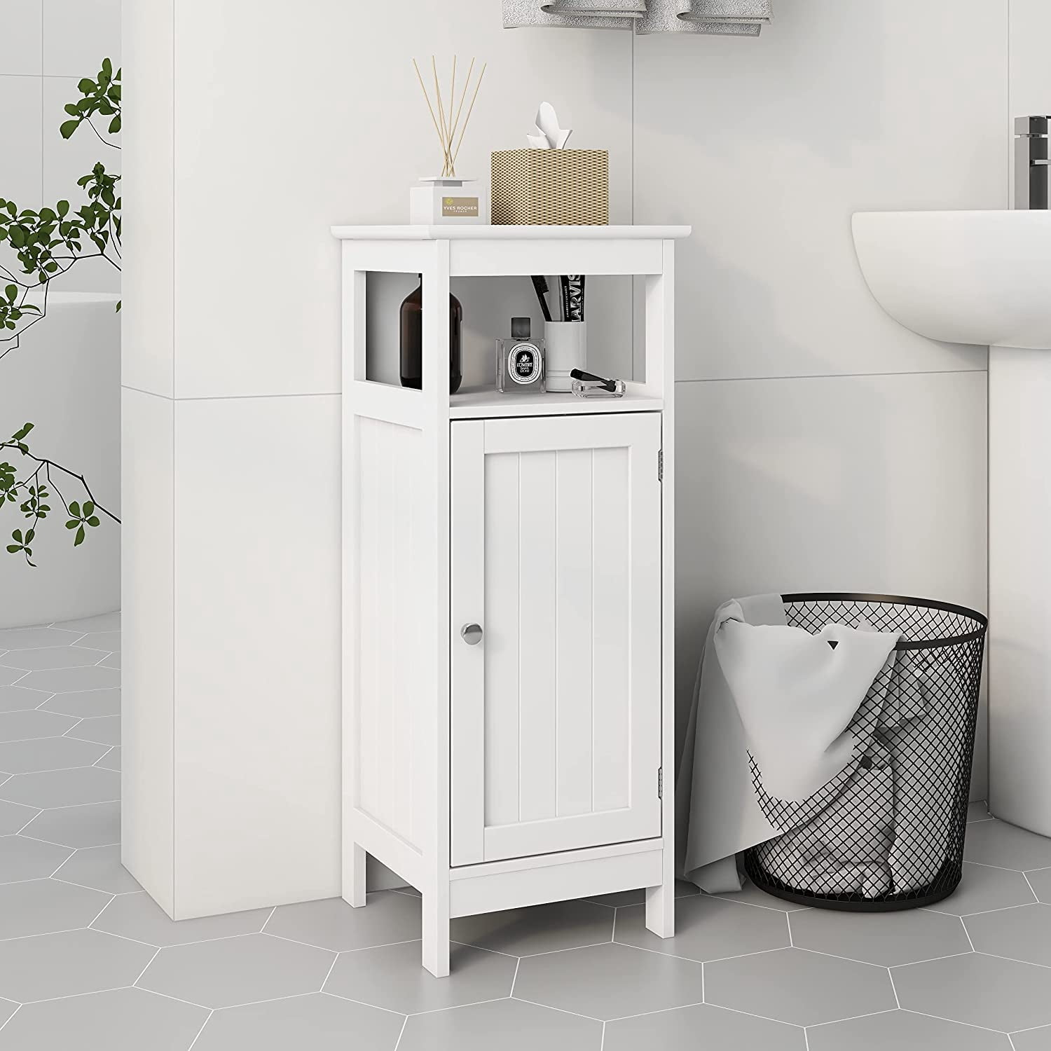 White Bathroom Floor-Standing Storage Table with Door, Floor Cabinet ...