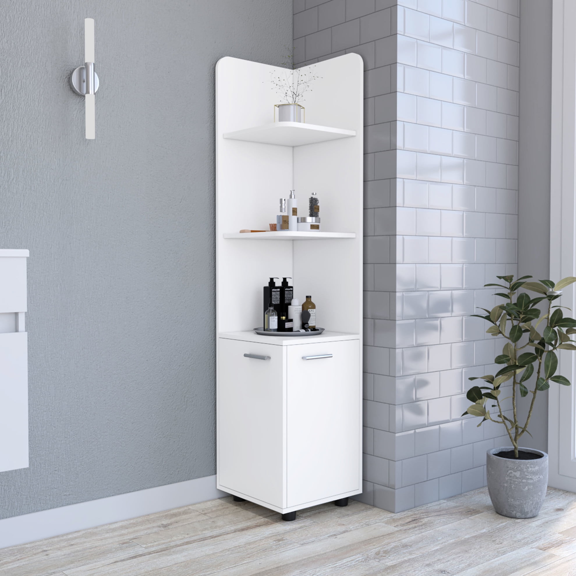 White Bathroom Linen Shelf Cabinet - 2 Doors, Freestanding, 4 Shelves ...