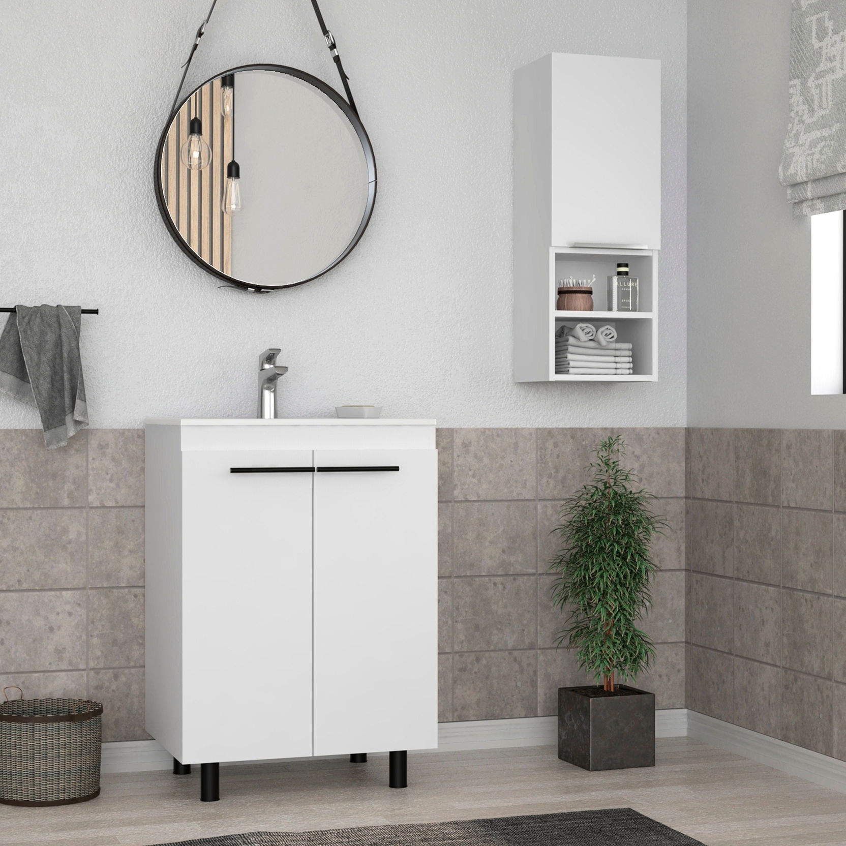 White Bathroom Set: Vanity and Medicine Cabinet with Storage Shelves ...