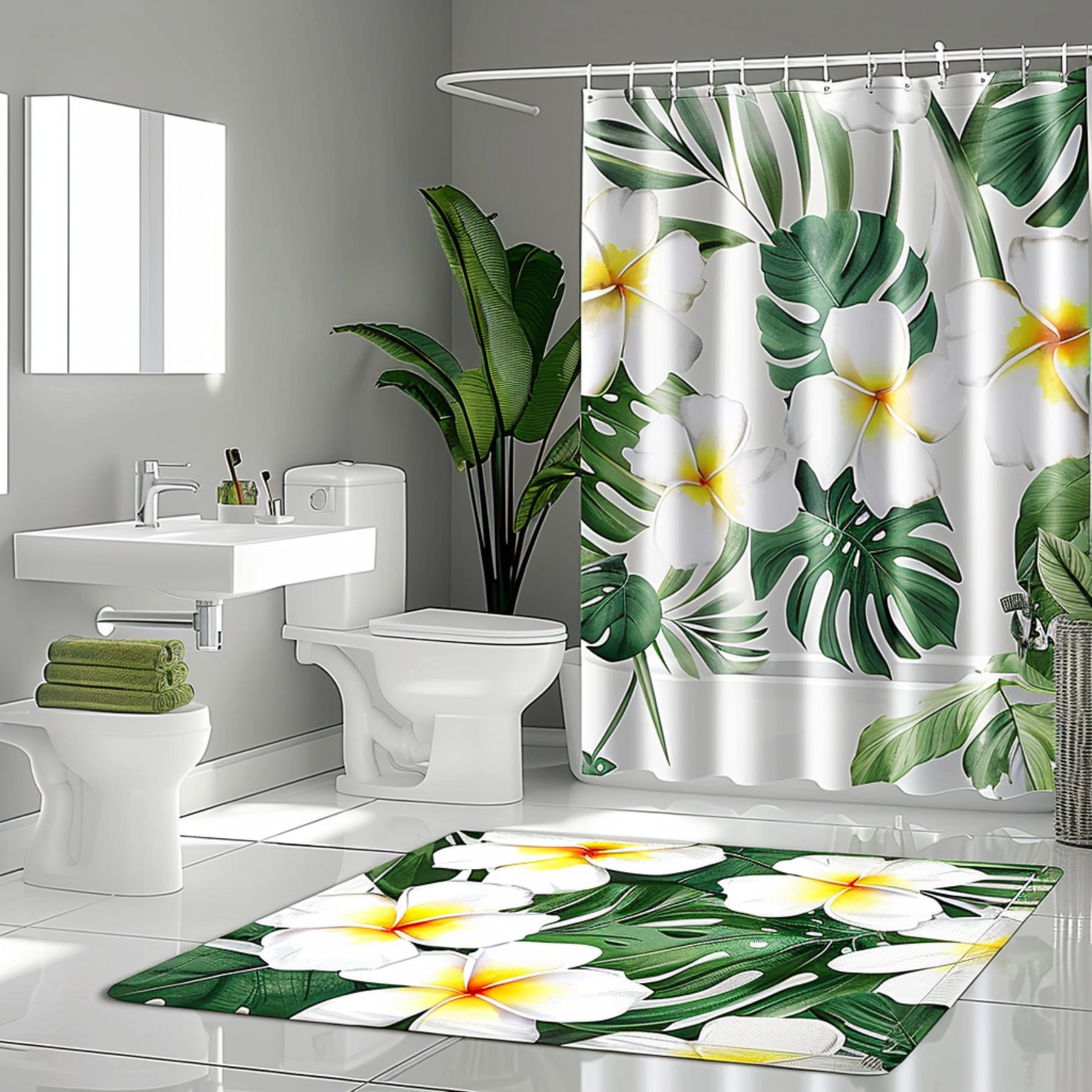 White Bathroom Set With Tropical Rainforest Shower Curtain Monstera