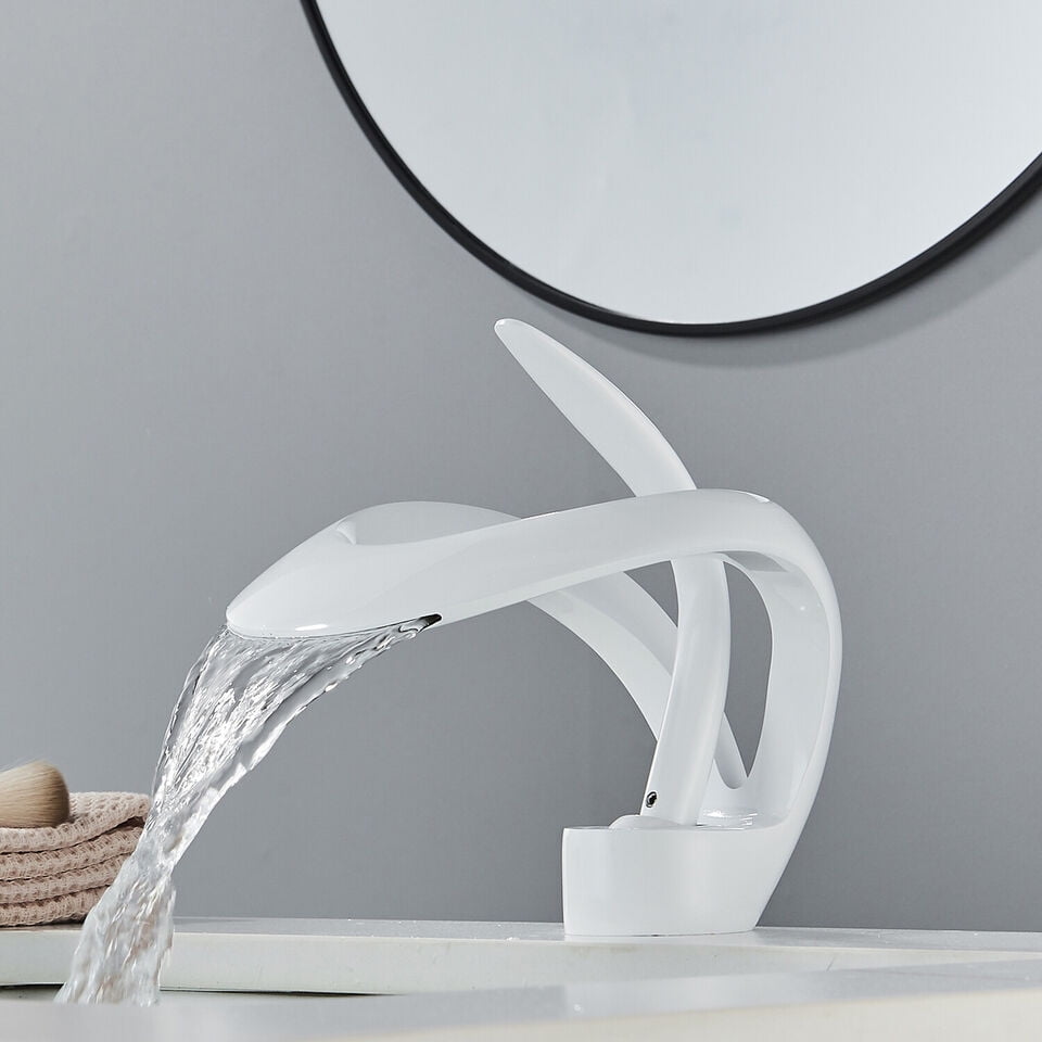 White Bathroom Sink Faucet Single Handle Single Hole Waterfall Mix Hot ...