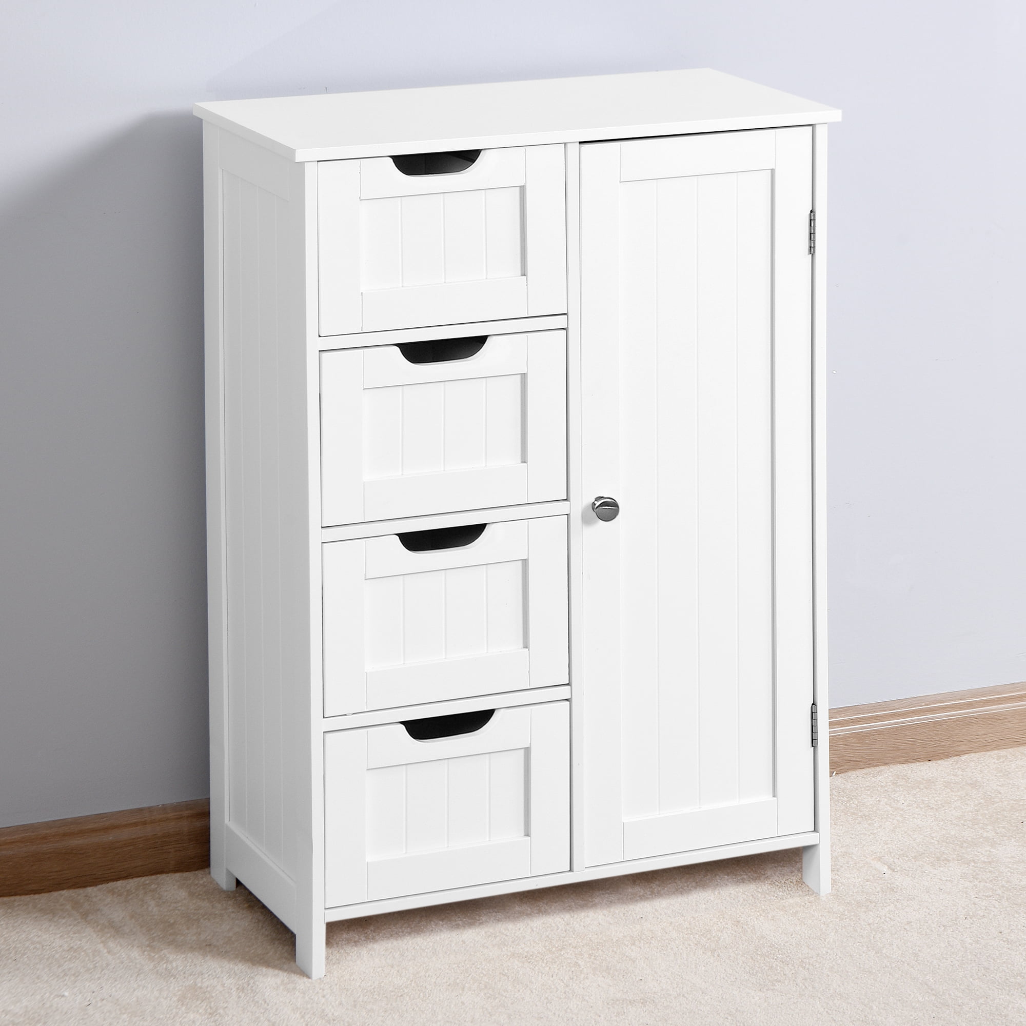 White Bathroom Storage Cabinet with Adjustable Shelf, Drawers, and ...