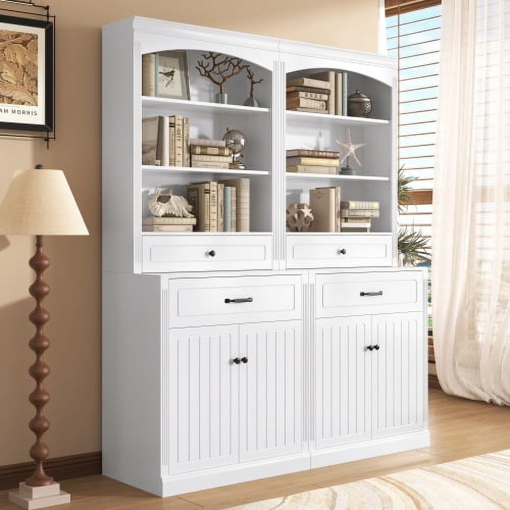 White Bathroom Storage Cabinet with Four Doors, Drawers, Adjustable Shelf & Six Open Shelves ...